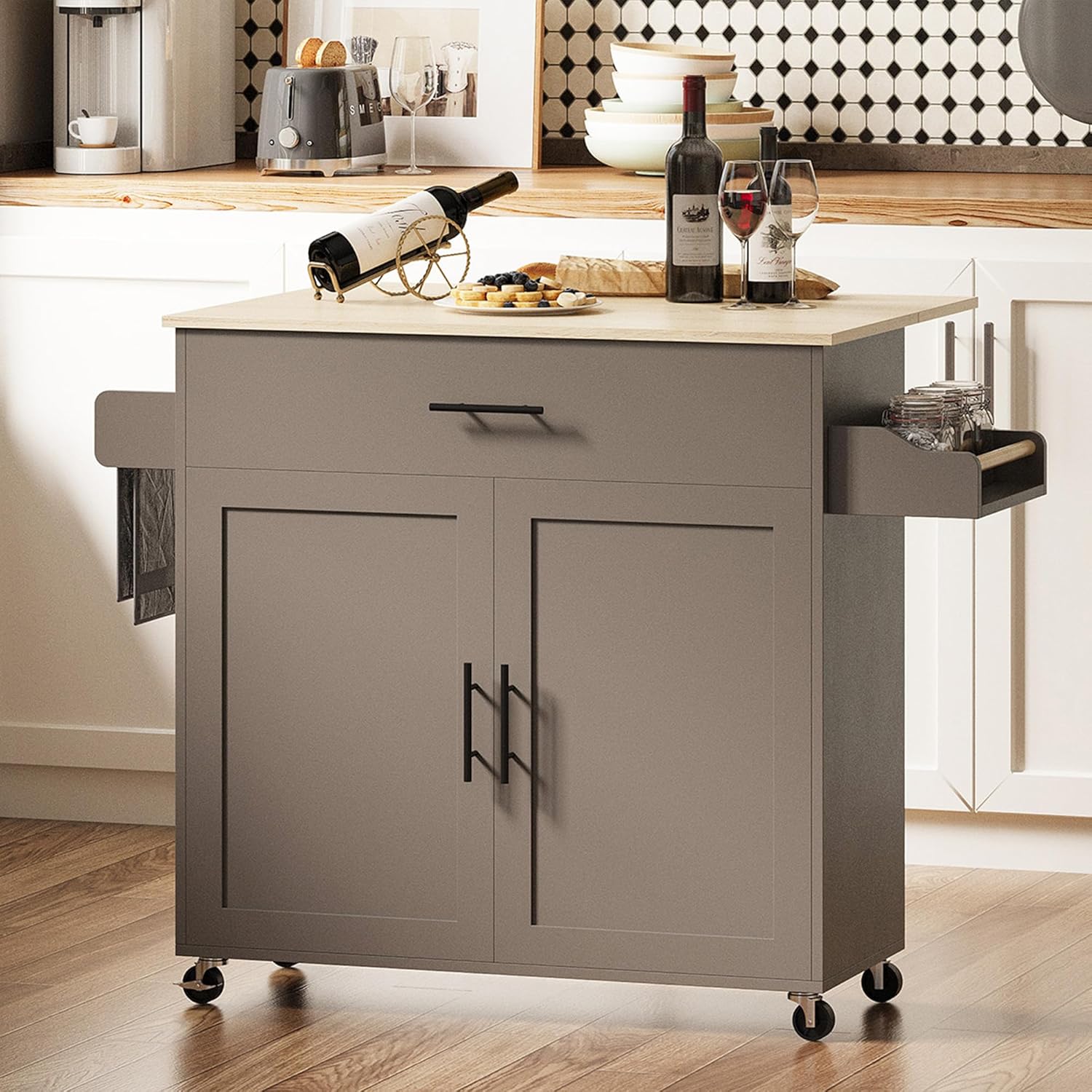 TIANTAI Rolling Kitchen Island Table on Wheels with Solid Wood Top ...