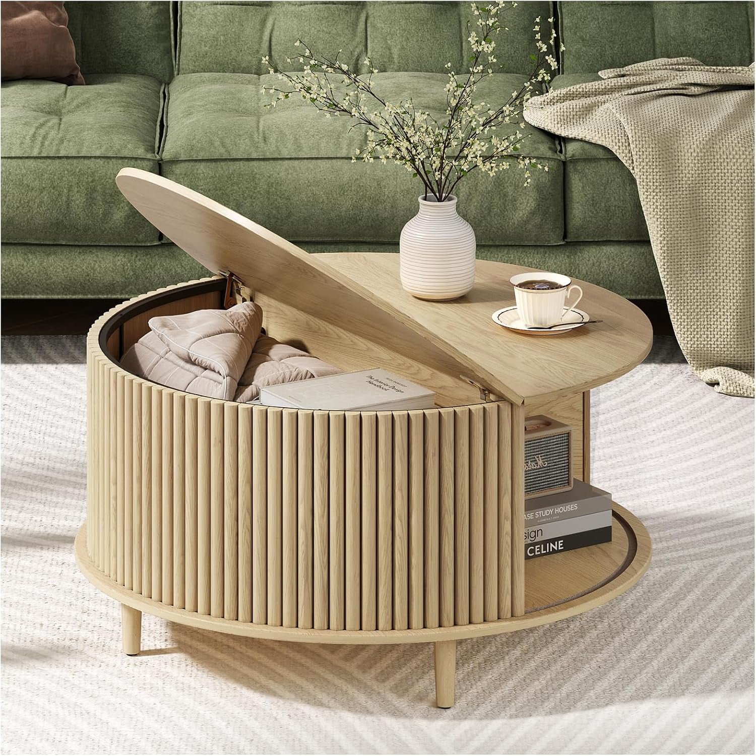 TIANTAI Round Coffee Table with Storage, Fluted Center Table with ...
