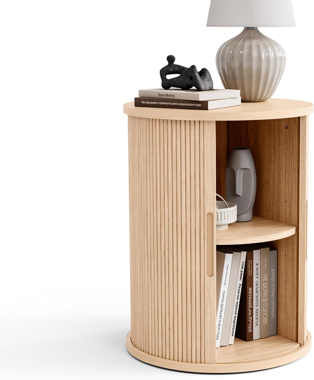 TIANTAI Round Fluted End Table, Tall Side Table with Sliding Tambour ...