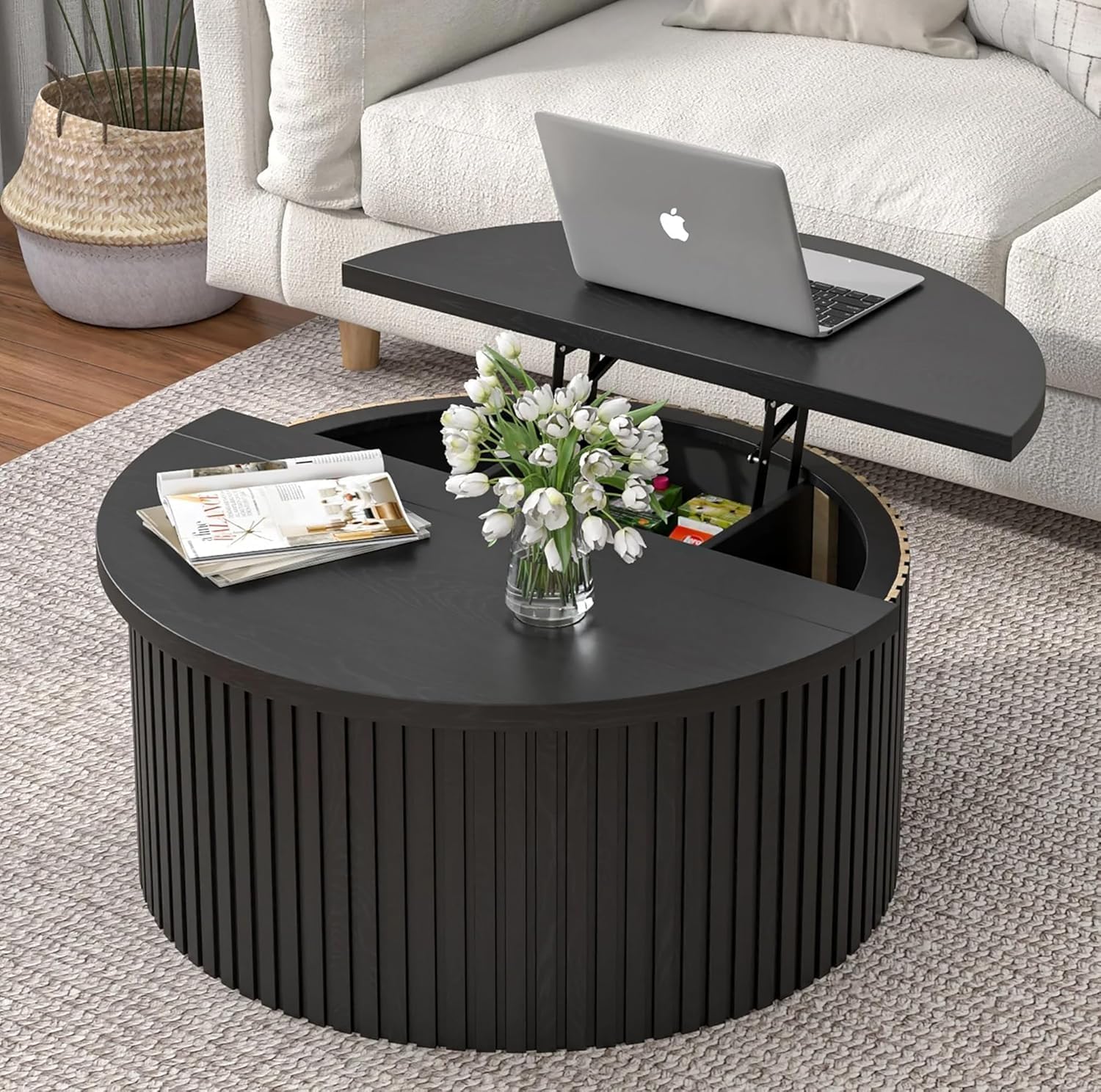 TIANTAI Round Fluted Lift Top Coffee Table with Storage, 34.6 ...
