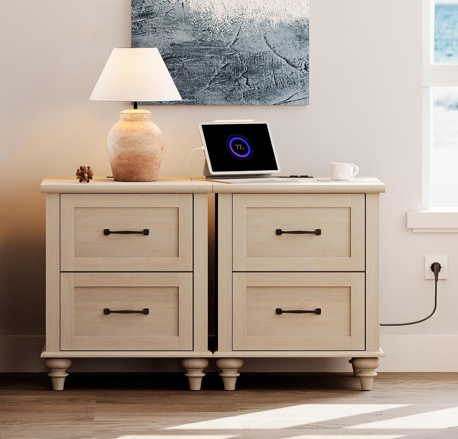 TIANTAI Set of 2 Nightstands Side Table with Charging Station, Beige ...