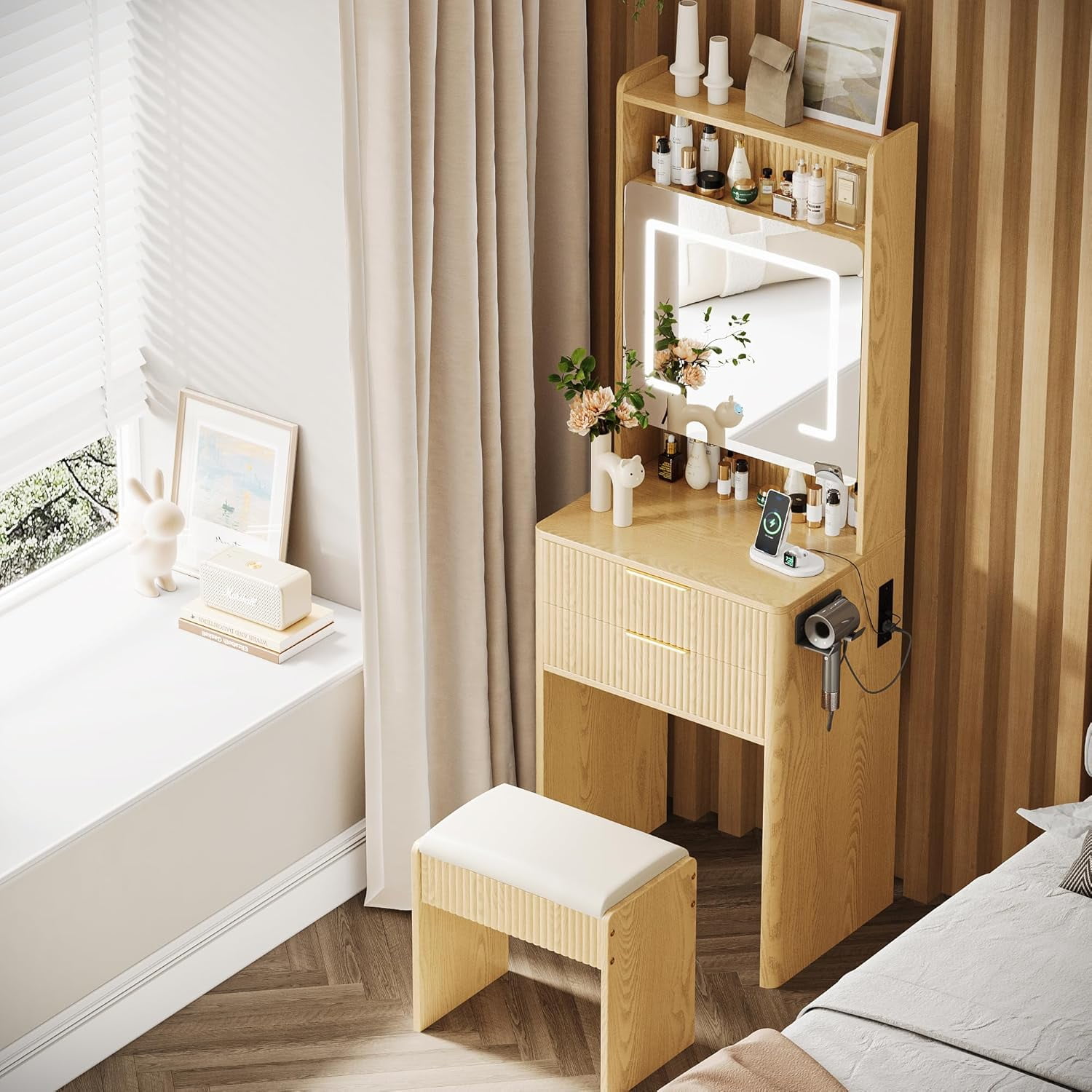 TIANTAI Small Makeup Vanity Desk with HD Mirror &Lights Natural Vanity Table with Charging ...