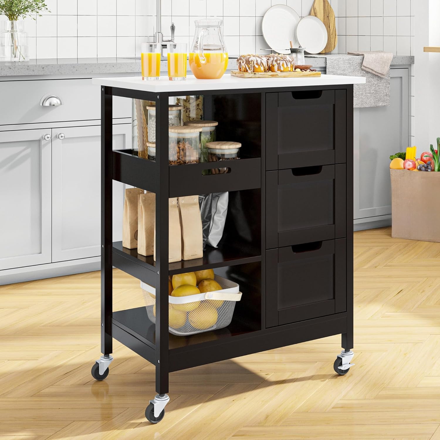 TIANTAI Small Solid Wood Top Kitchen Island Cart on Wheels with Storage ...