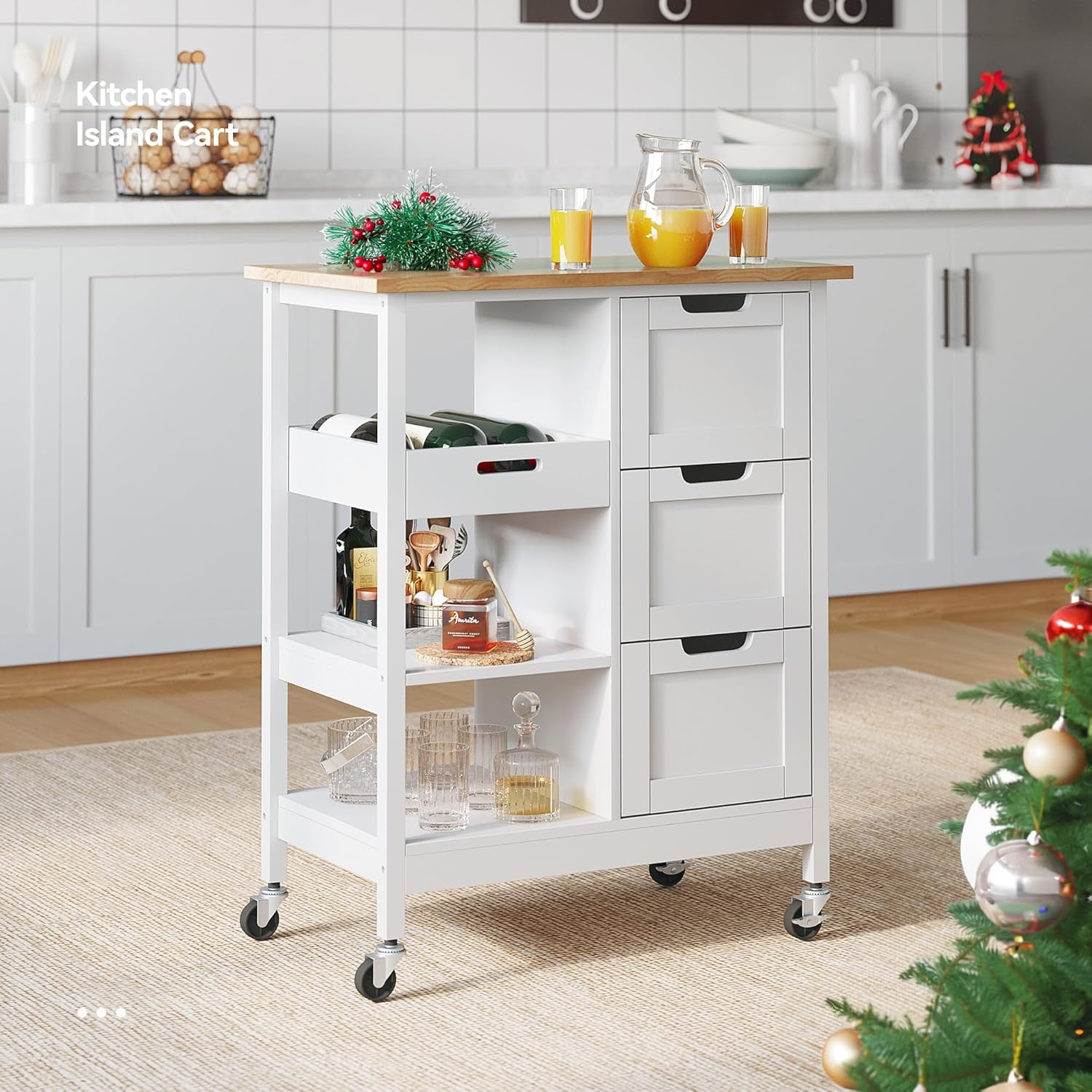 TIANTAI Small Solid Wood Top Kitchen Island Cart on Wheels with Storage ...