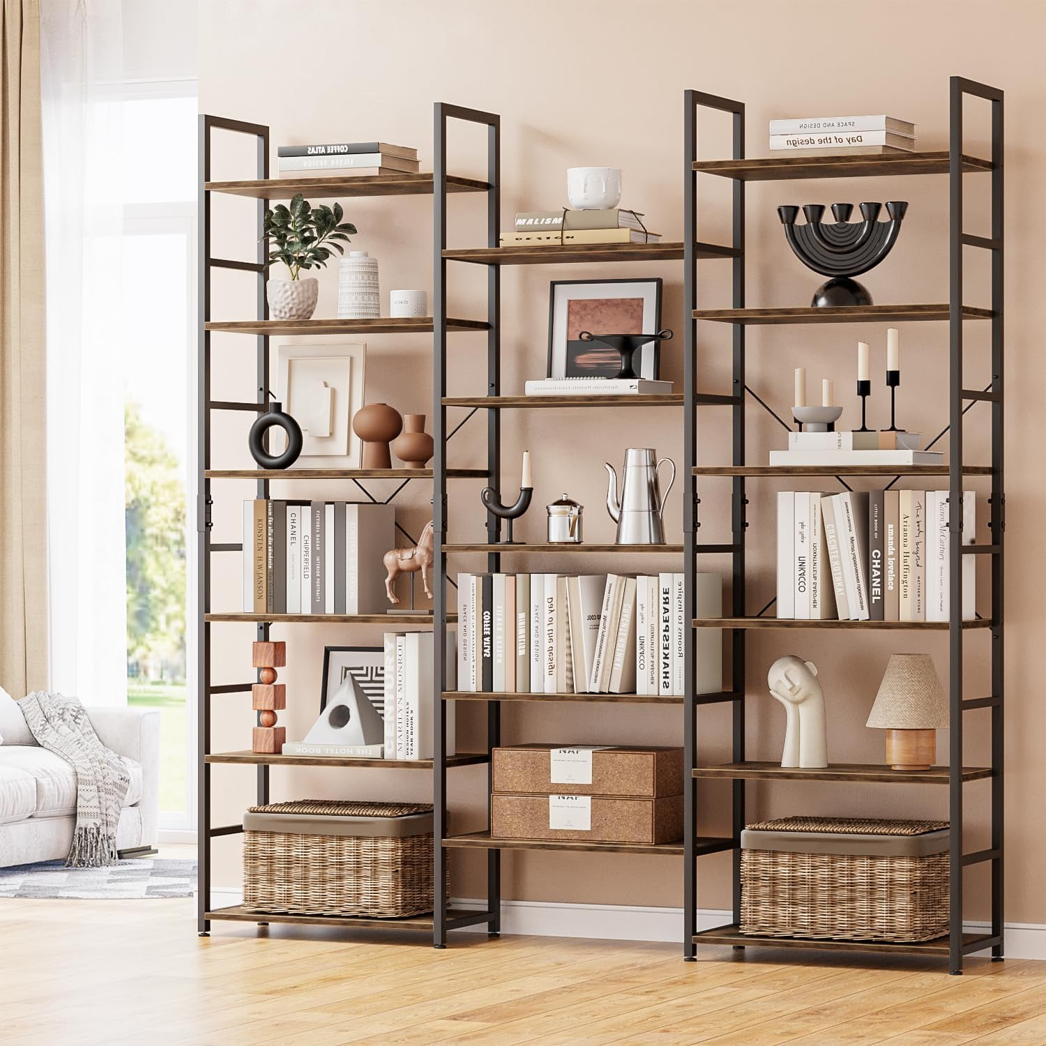 TIANTAI Triple Column 6 Tier Bookshelf, Bookcase with 17 Open Display ...