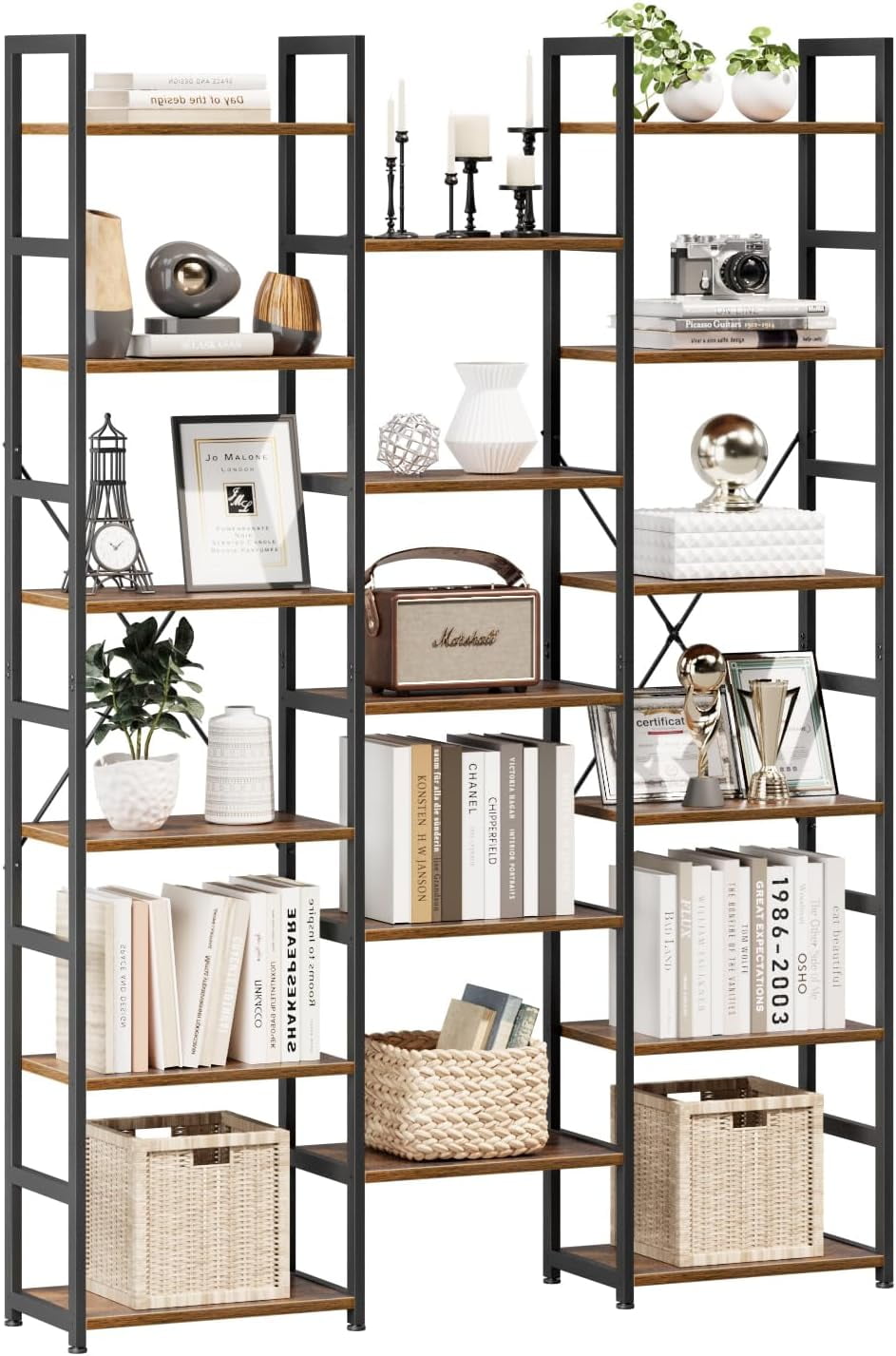 TIANTAI Triple Column 6 Tier Bookshelf, Bookcase with 17 Open Display ...