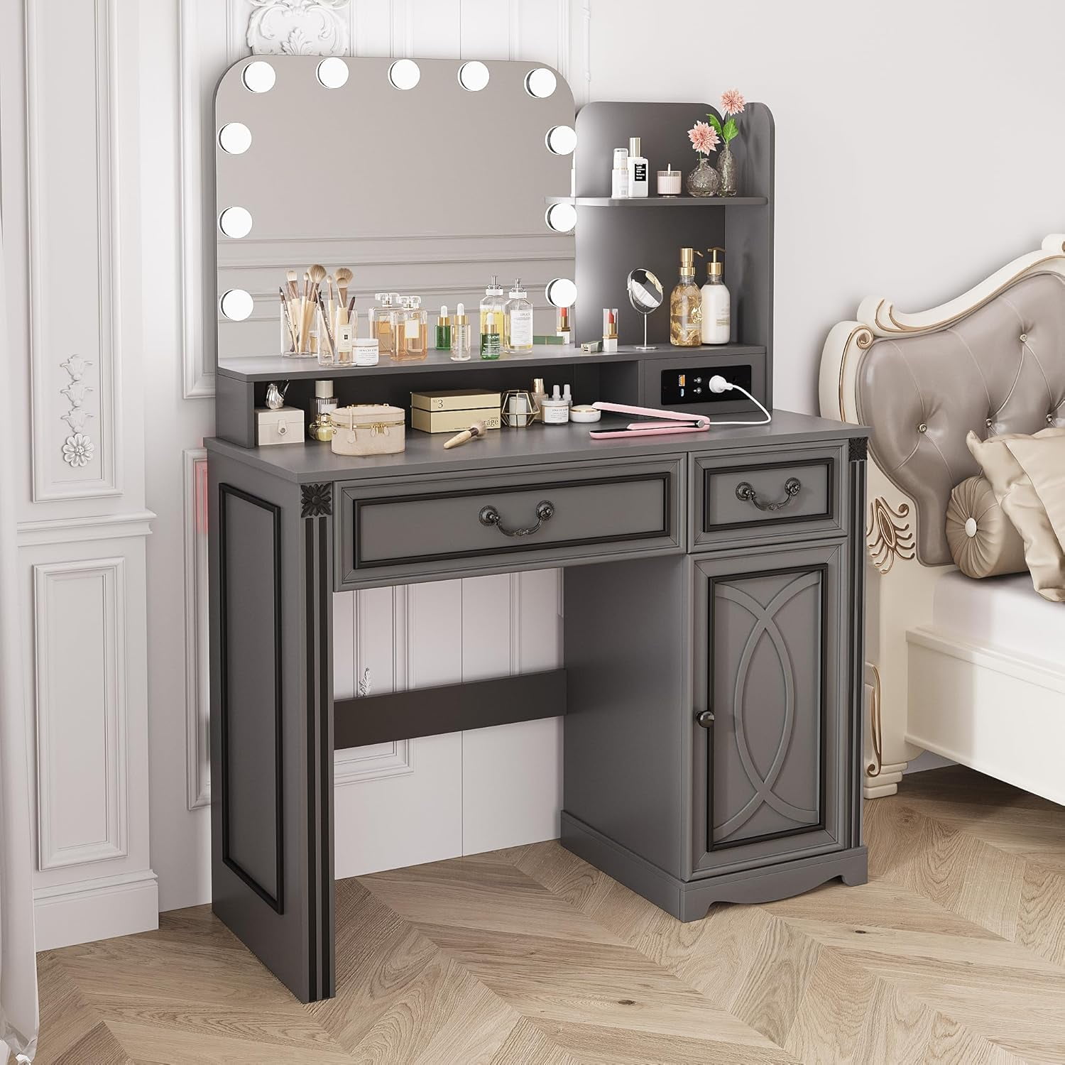 TIANTAI Vanity Desk with Lighted Mirror, 39.4 inch Vintage Makeup Table ...