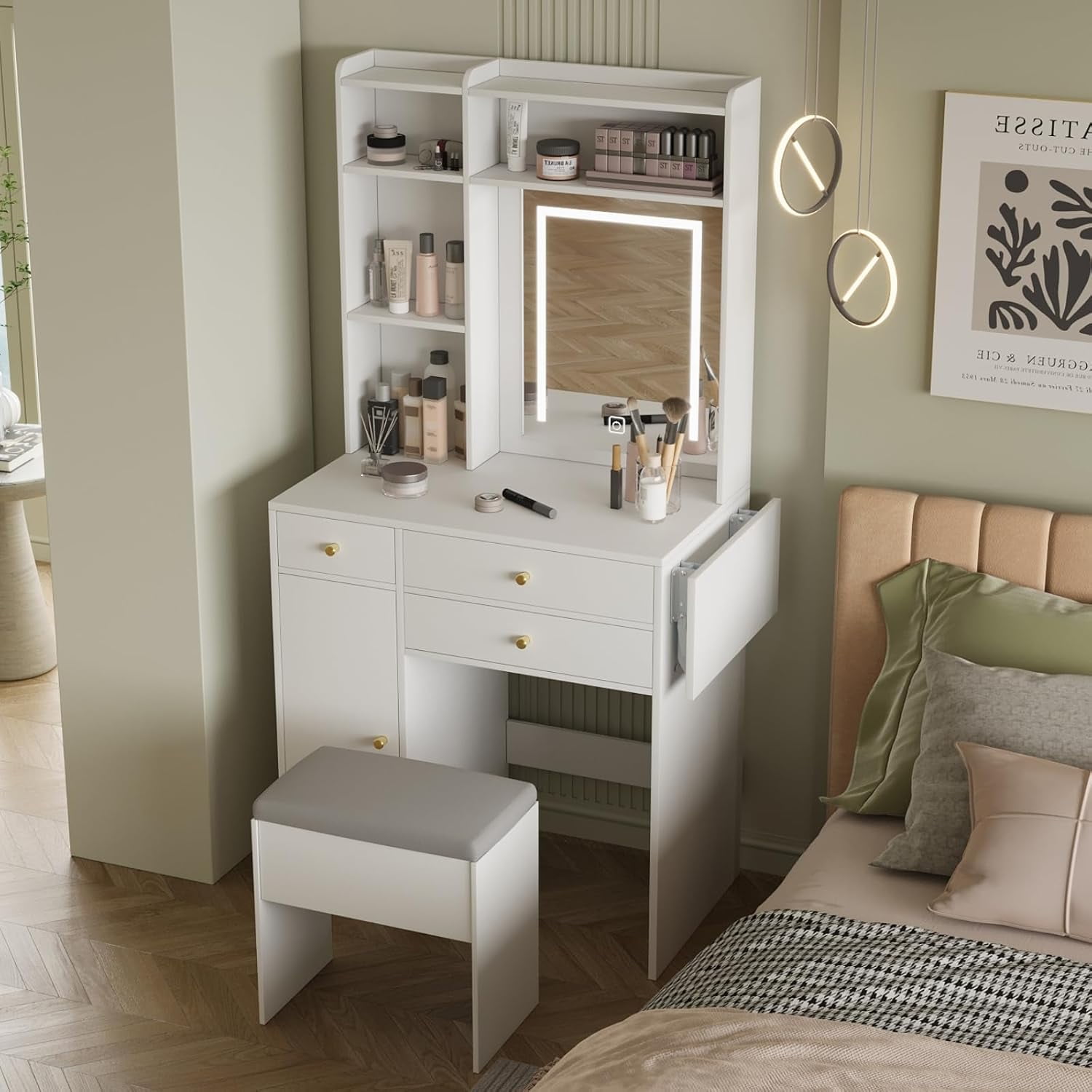 TIANTAI Vanity Desk with Mirror and Lights White Makeup Vanities Set ...