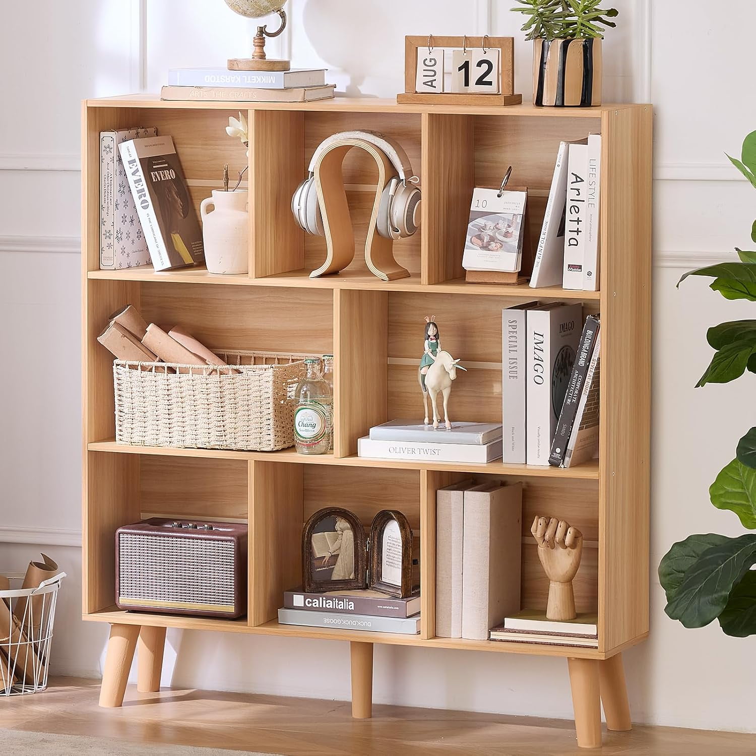 TIANTAI Wooden 8 Cube Book Shelf, Natural 3 Tier Bookshelf with Legs ...