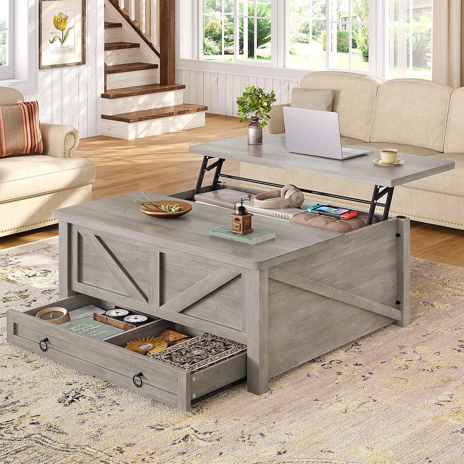 TIANTAI Wooden Coffee Table, Lift Top Coffee Table with Storage, Square ...