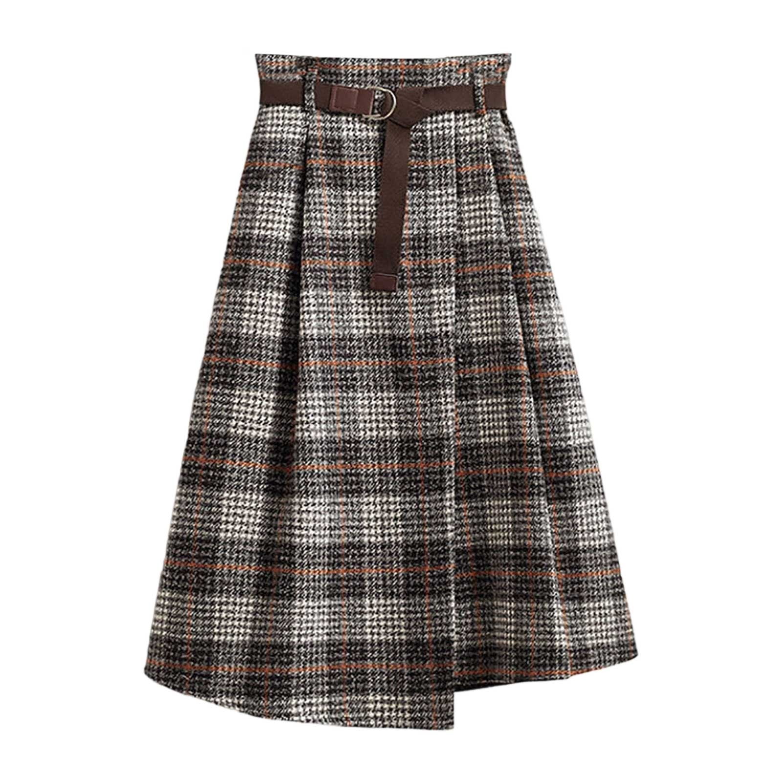 TIANZEN Blend Tartan Skirt With Asymmetrical Hemline Mid Length High ...
