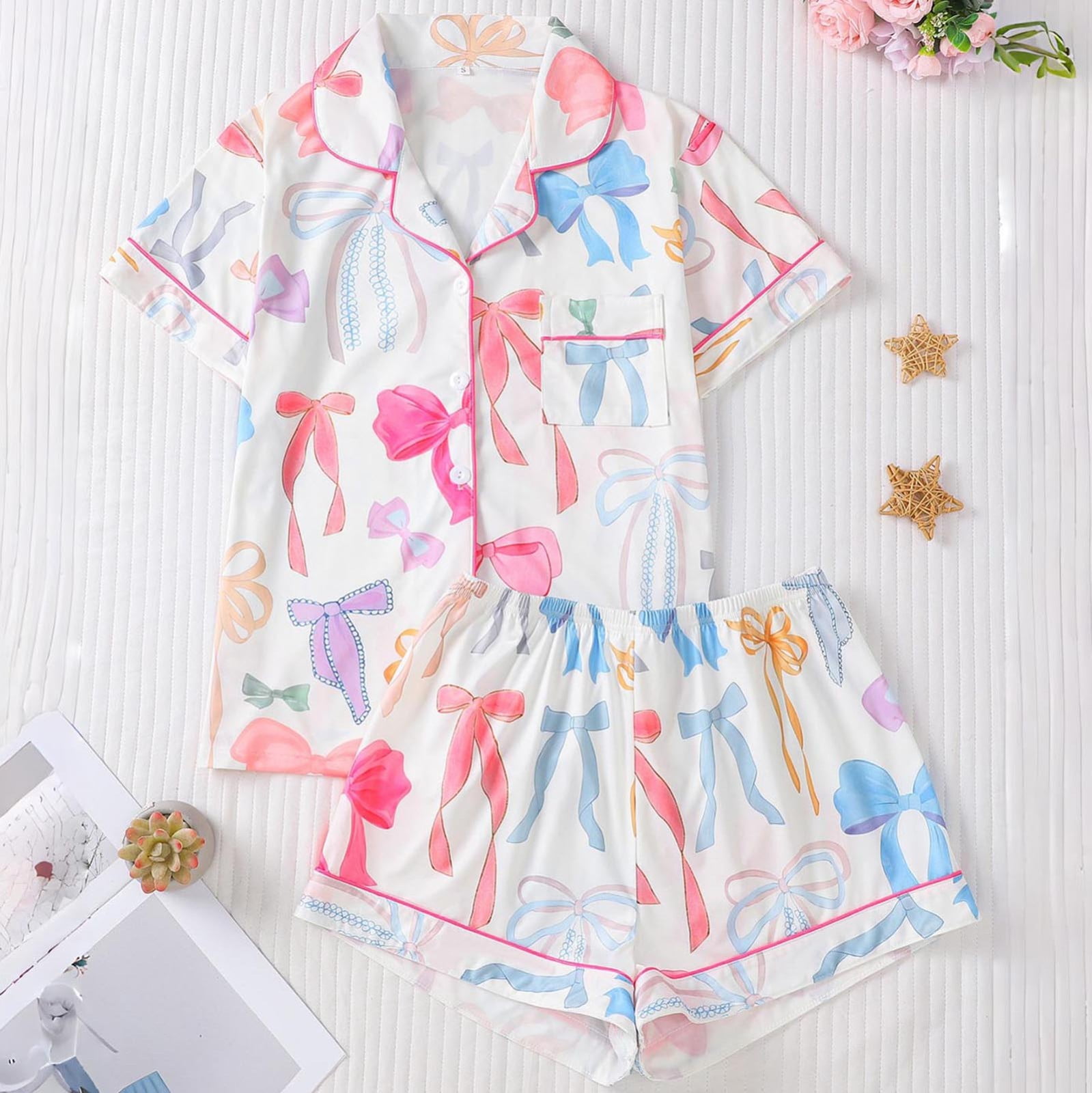 TIANZEN Cozy Silk Blend Short Sleeve Pajama For With Bow Trim And Flowy ...