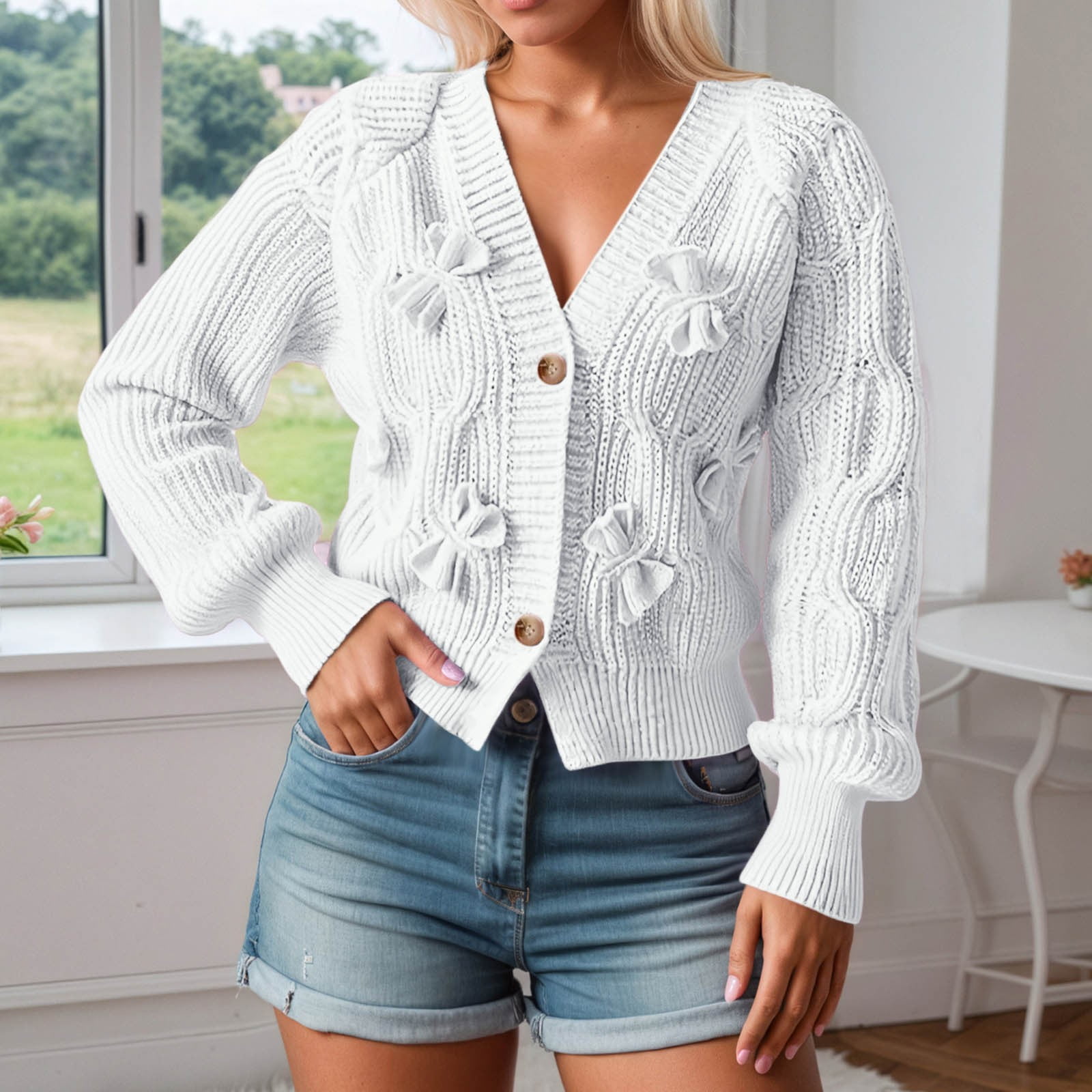 TIANZEN European Style Cardigan Sweater Long Sleeve Bow Knit Open Front ...