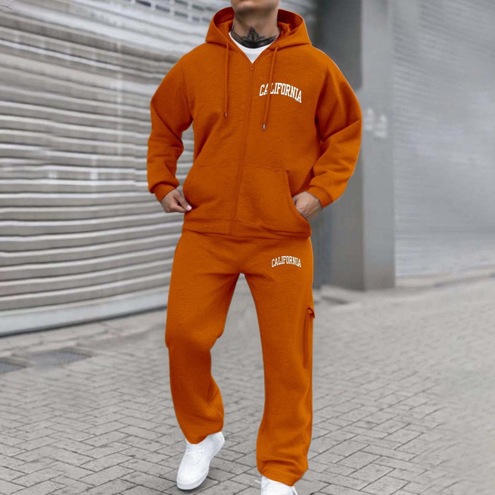 TIANZEN Letter Print Men's Zip Up Hoodie Suit Set Casual Comfortable ...