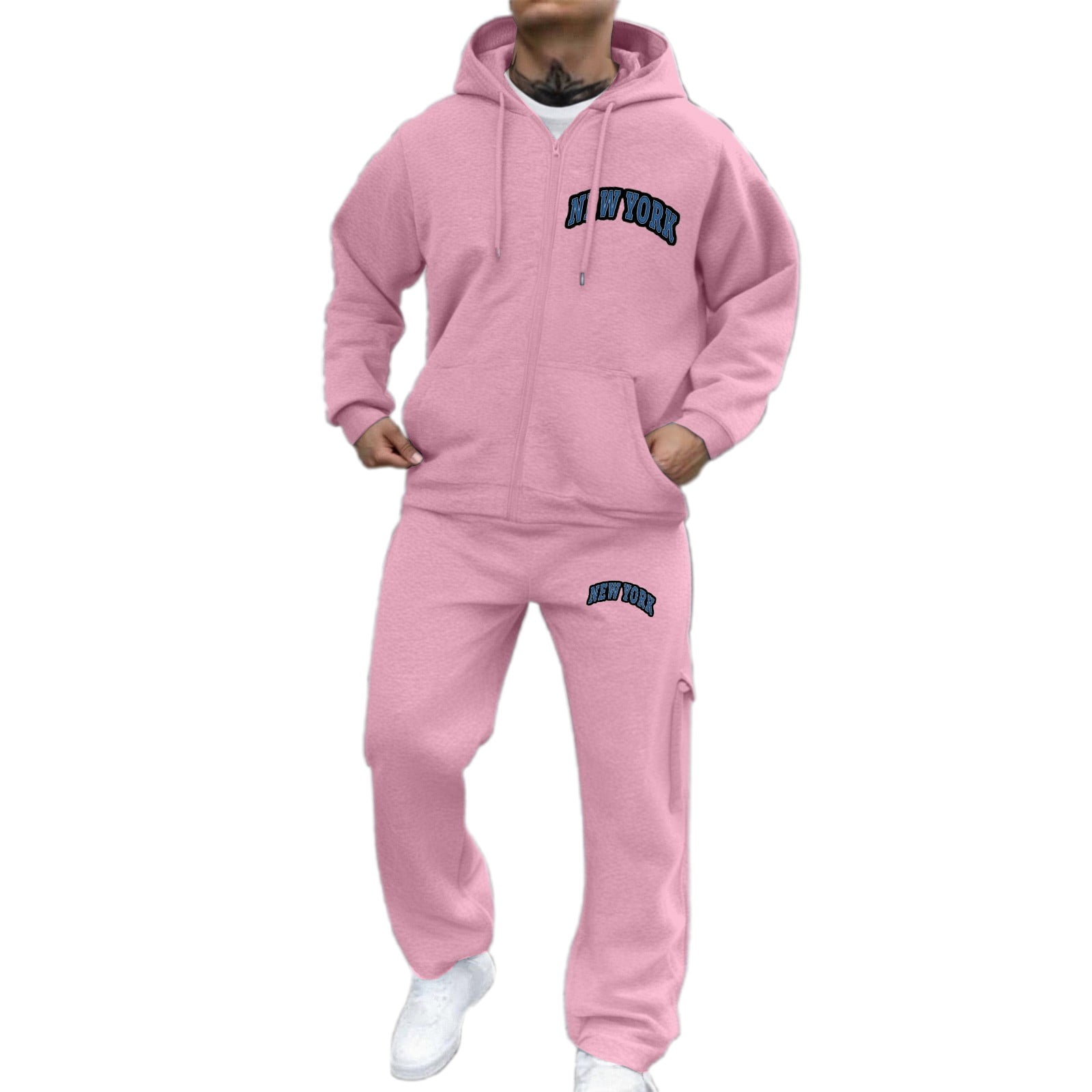 TIANZEN Letter Print Men's Zip Up Hoodie Suit Set Casual Comfortable ...