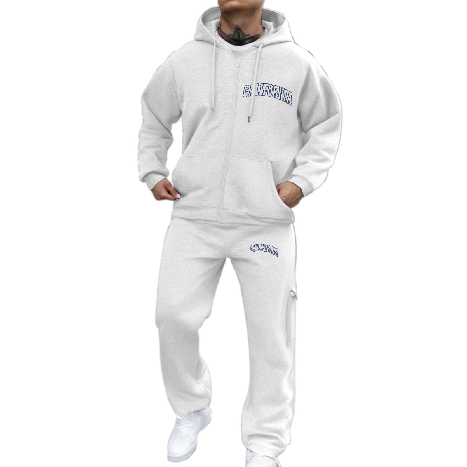 TIANZEN Letter Print Men's Zip Up Hoodie Suit Set Casual Outfit For ...