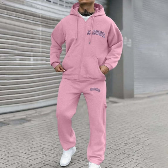 TIANZEN Letter Print Men's Zip Up Hoodie Suit Set Casual Outfit For ...