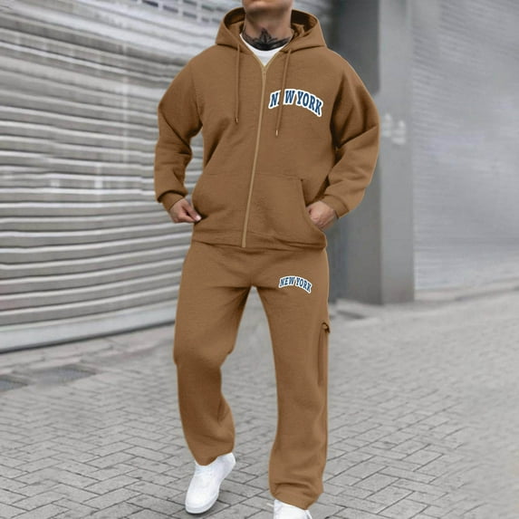 TIANZEN Letter Print Men's Zip Up Hoodie Suit Set Comfortable Casual ...
