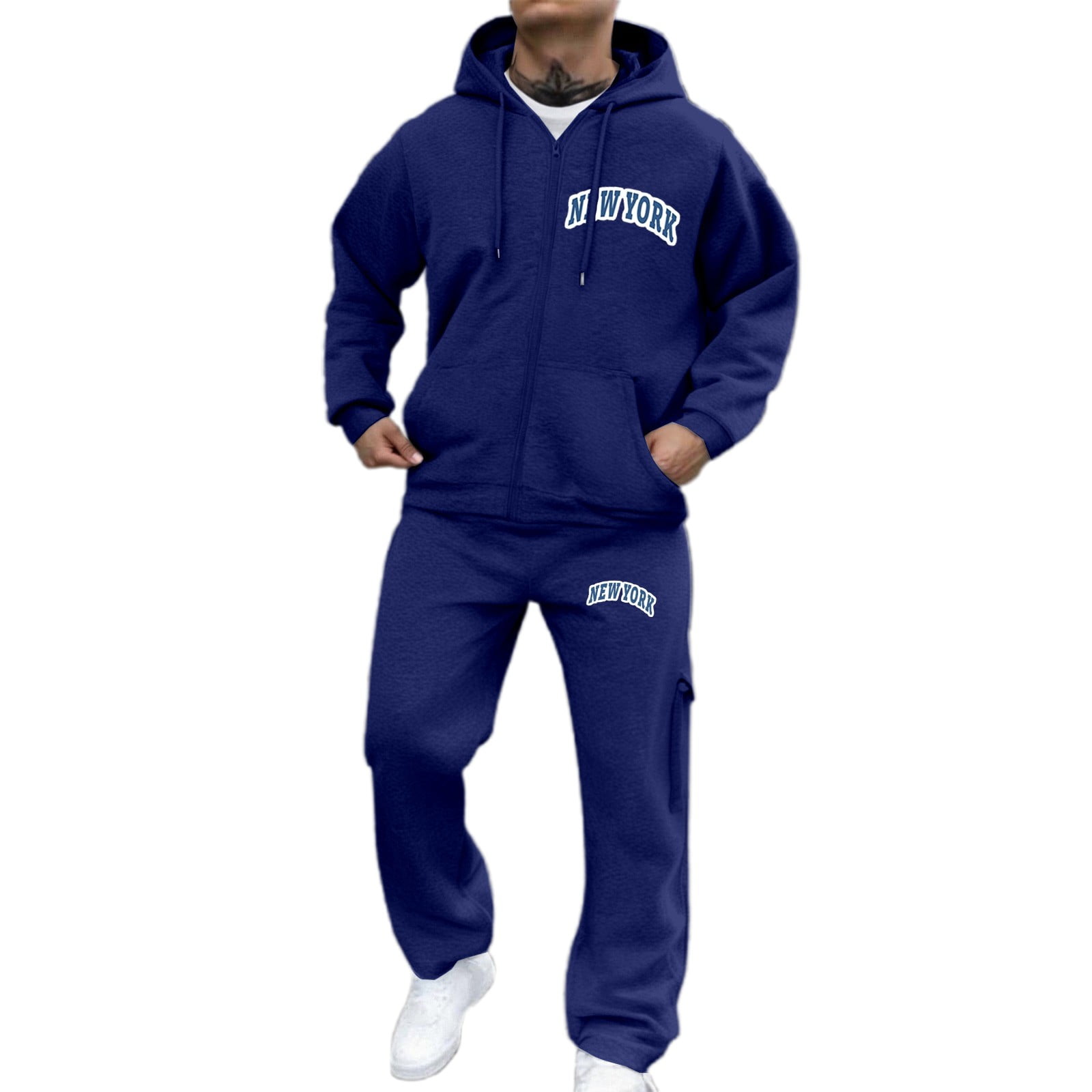 TIANZEN Letter Print Men's Zip Up Hoodie Suit Set Comfortable Casual ...