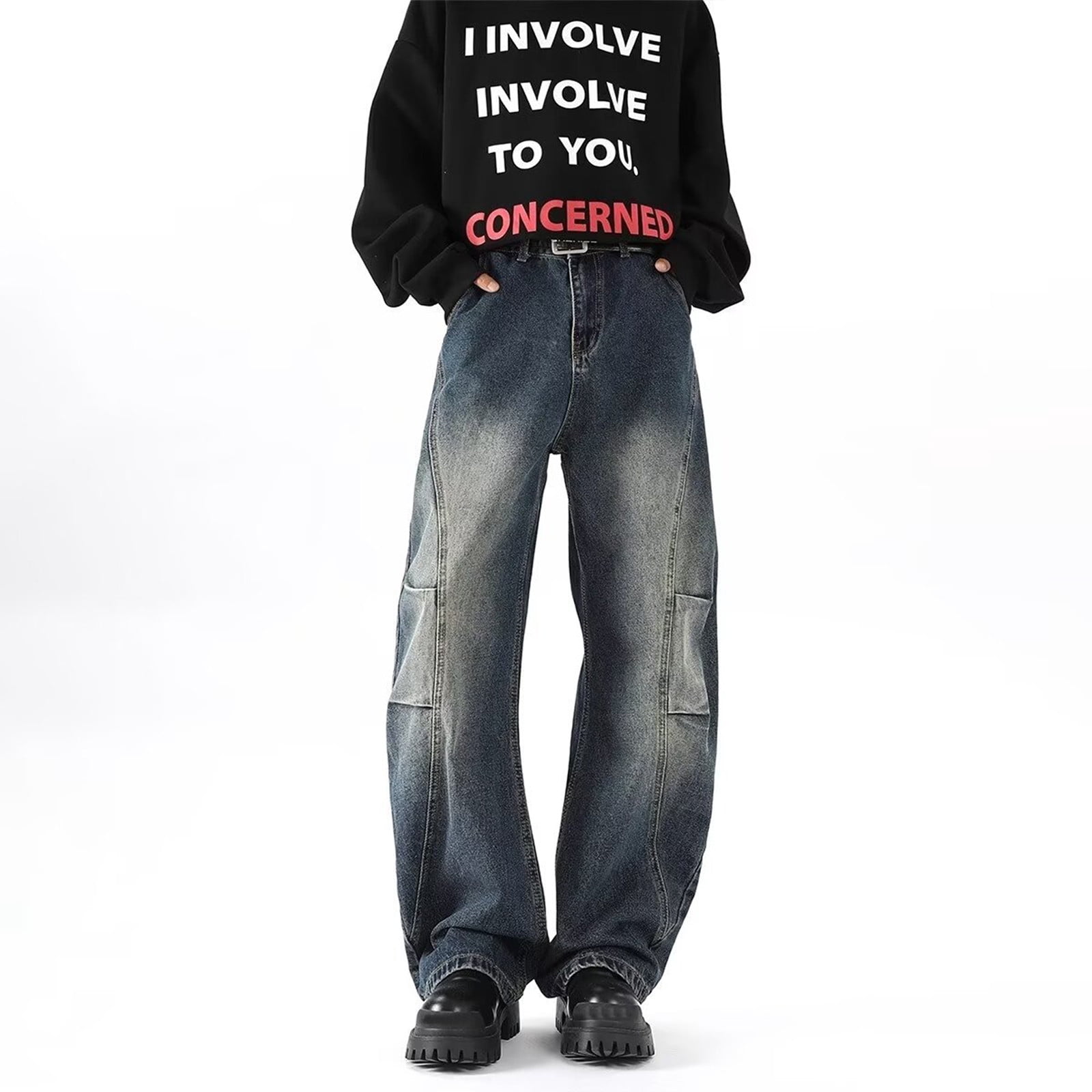 TIANZEN Men's Baggy Jeans Wide Leg Hop Pants Irregular Sutures Loose ...