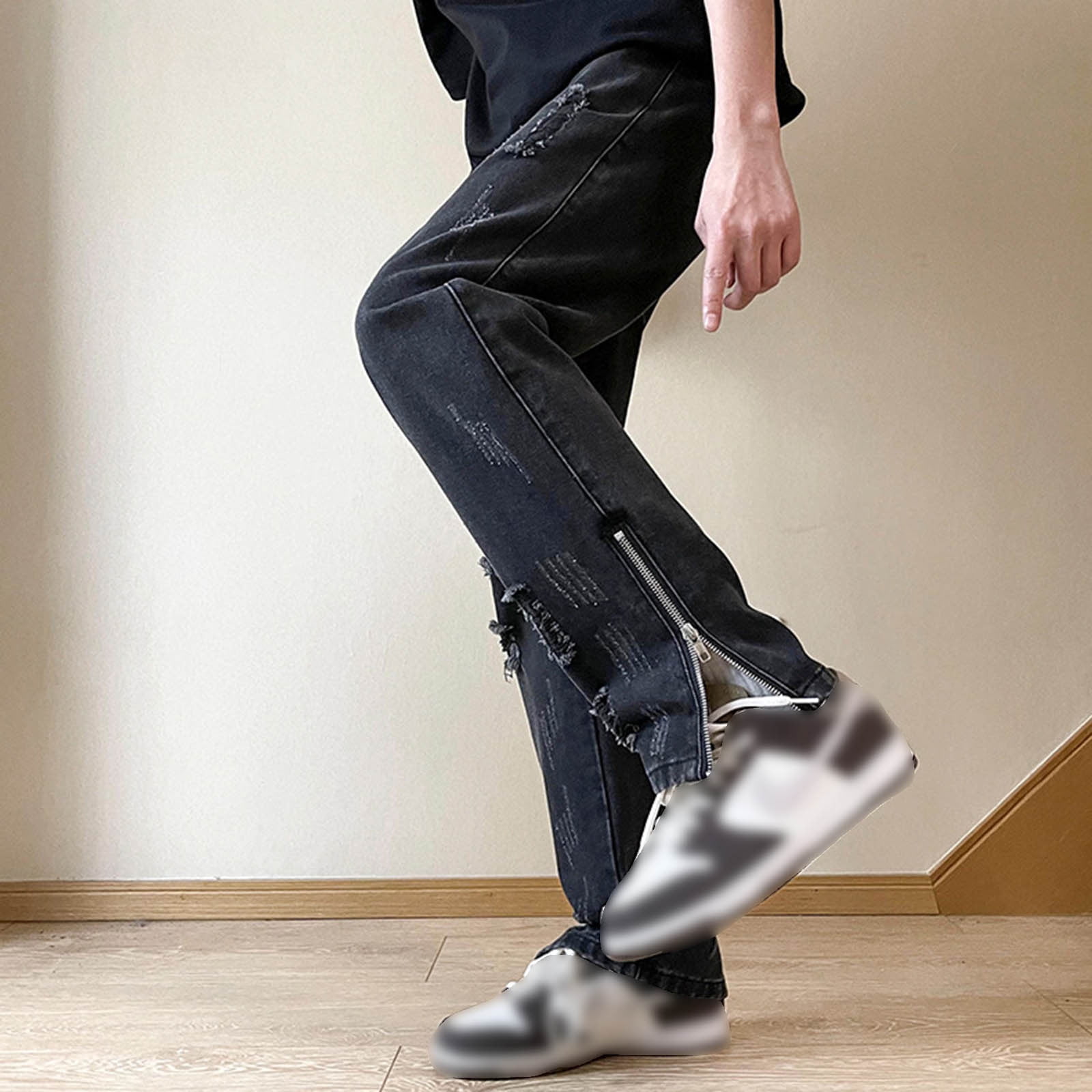 TIANZEN Men's Denim Ripped Trousers Leg Zip Split Ripped Jeans Style ...