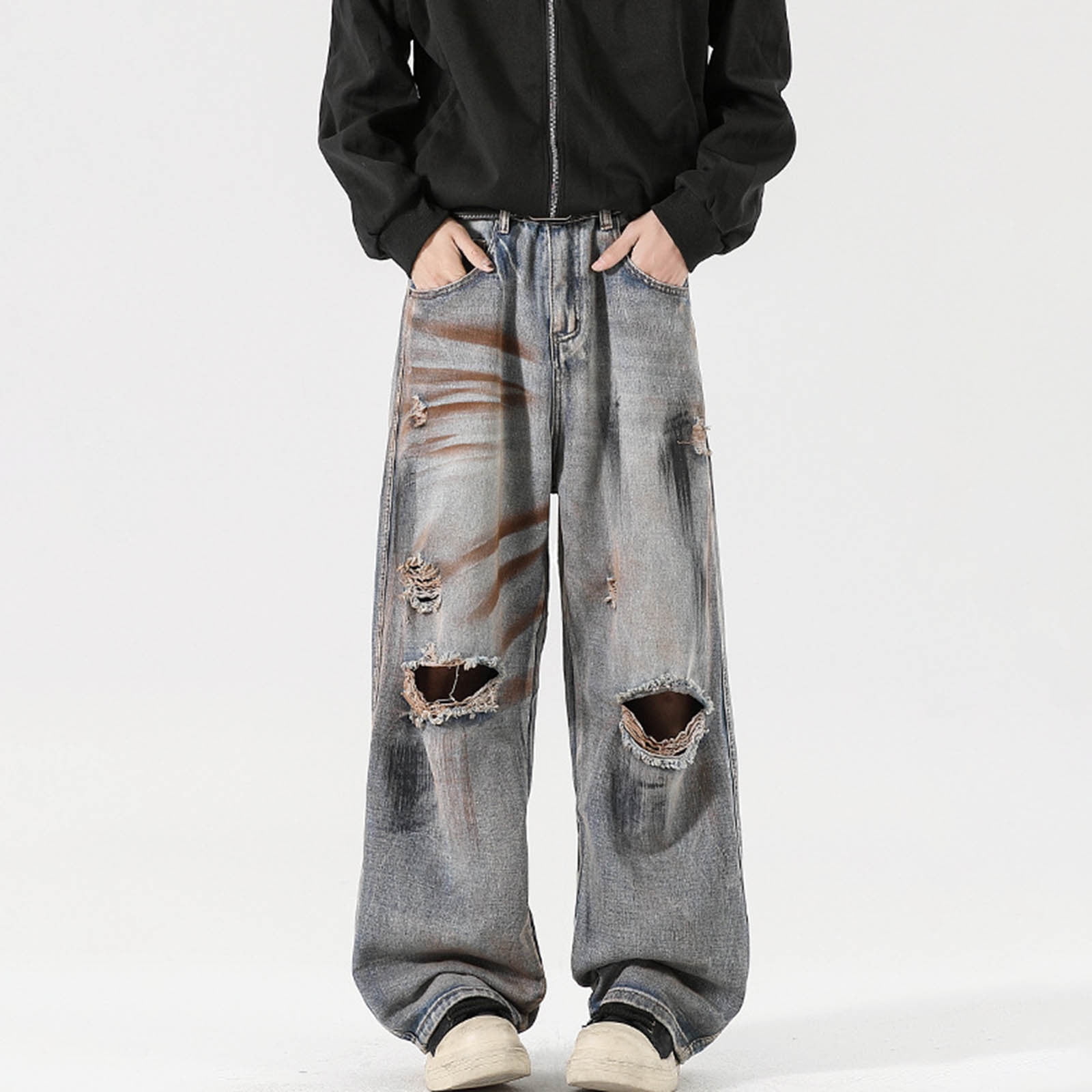 TIANZEN Men's High Street Do Old Washed Hole Jeans Men And Women With ...