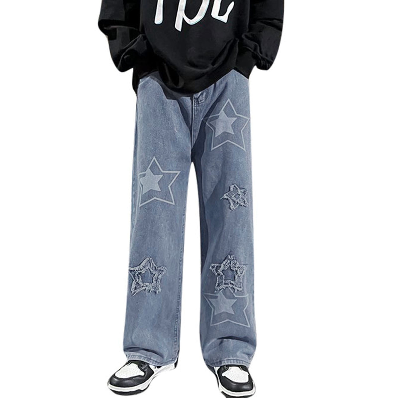TIANZEN Mens Embroidered Jeans Loose Five Pointed Daddy Pants Autumn ...