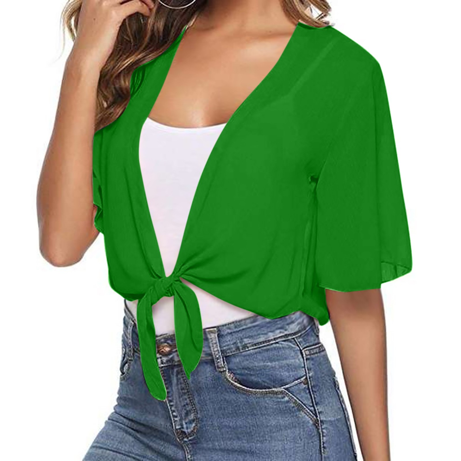 TIANZEN Women Tie Front Chiffon Short Sleeve Cropped Sheer Cardigan ...