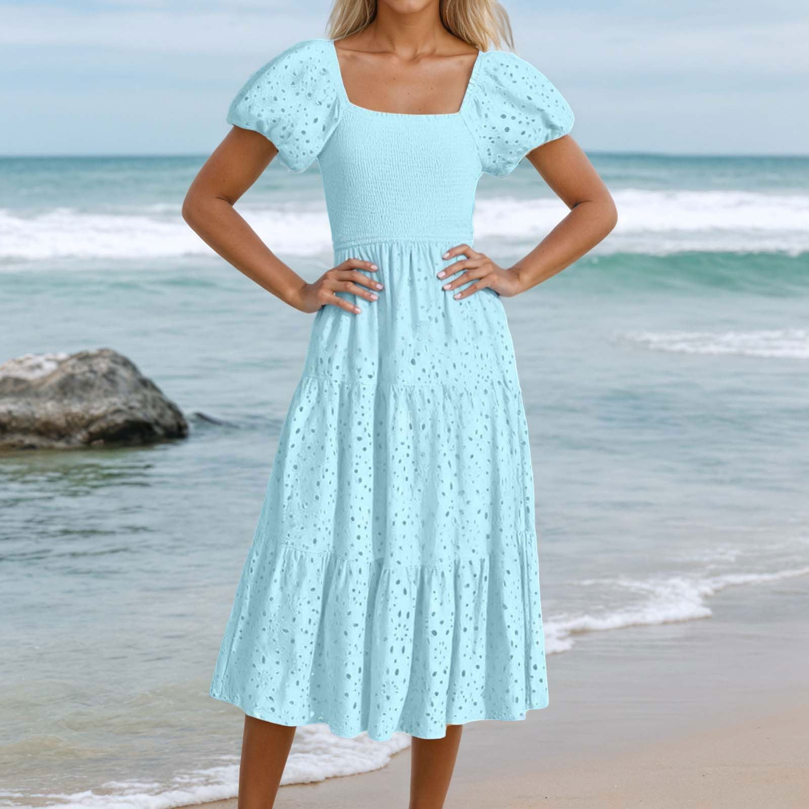 TIANZEN Women's Casual Dress Square Neck Short Sleeve Flowy Summer ...