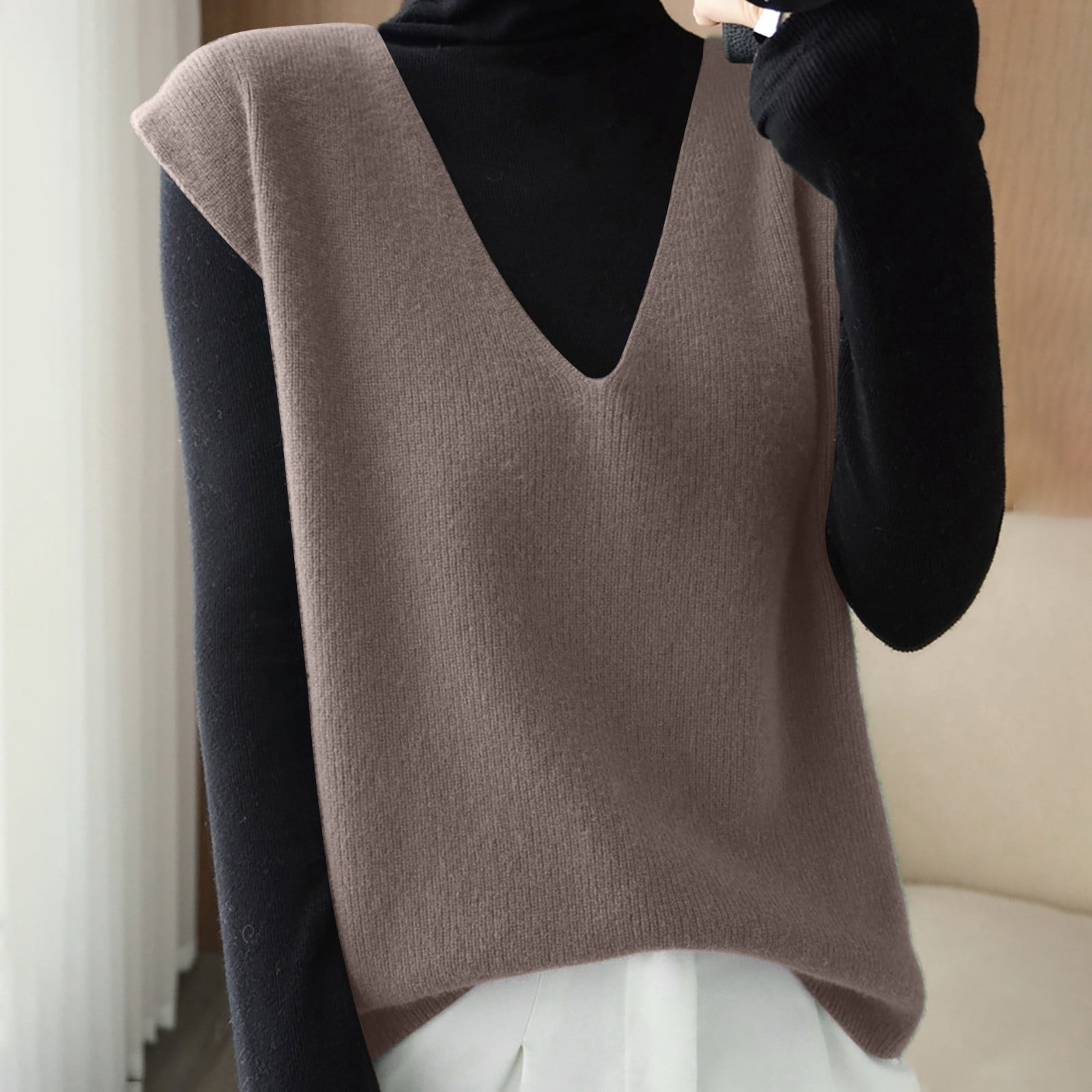TIANZEN Women's Knit Vest Deep V Neck Loose Fitting Sleeveless Pullover ...