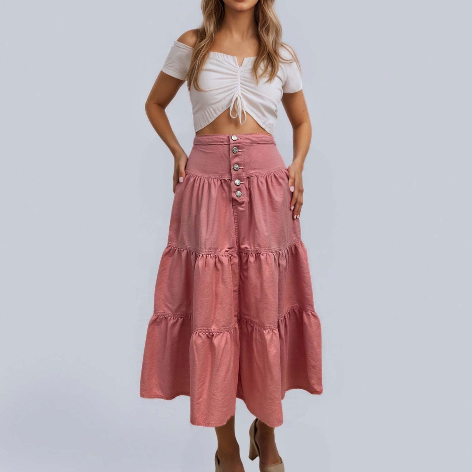 TIANZEN Women's Long Denim Maxi Skirt High Waist Flowy Ruffle Pleated ...
