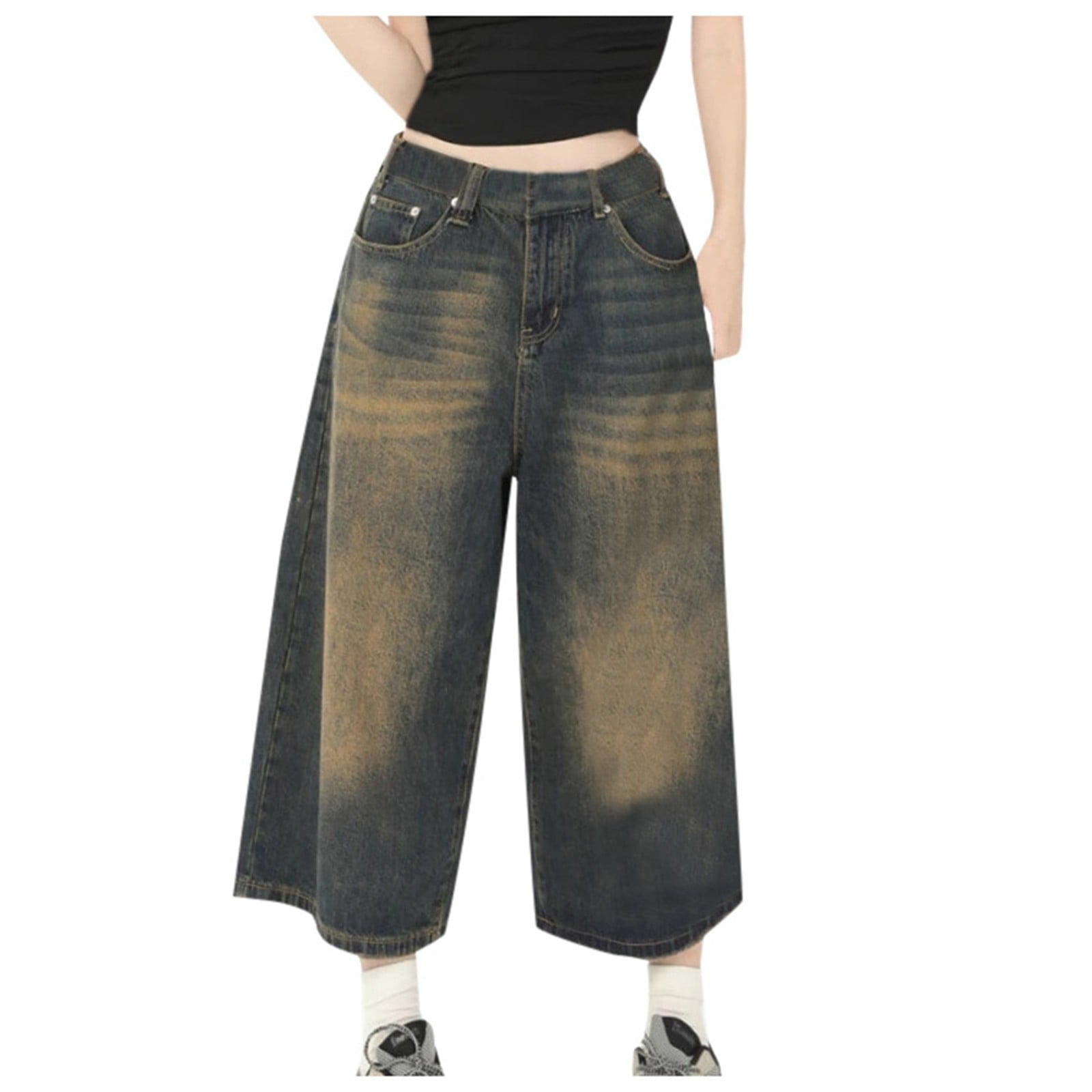 TIANZEN Women's Retro Cropped Straight Leg Wide Leg Pants Retro Washed ...