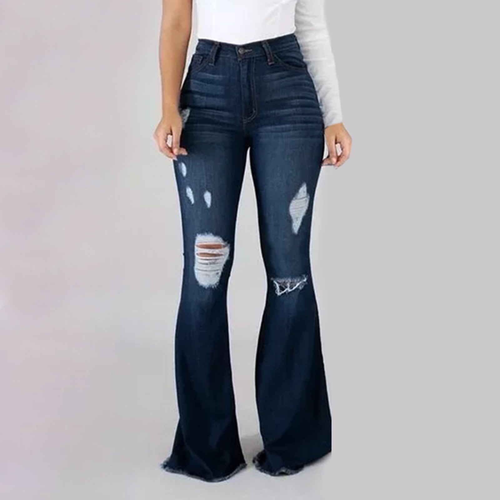 TIANZEN Women's Ripped Jeans High Waisted Flared Pants on Denim Ladies ...