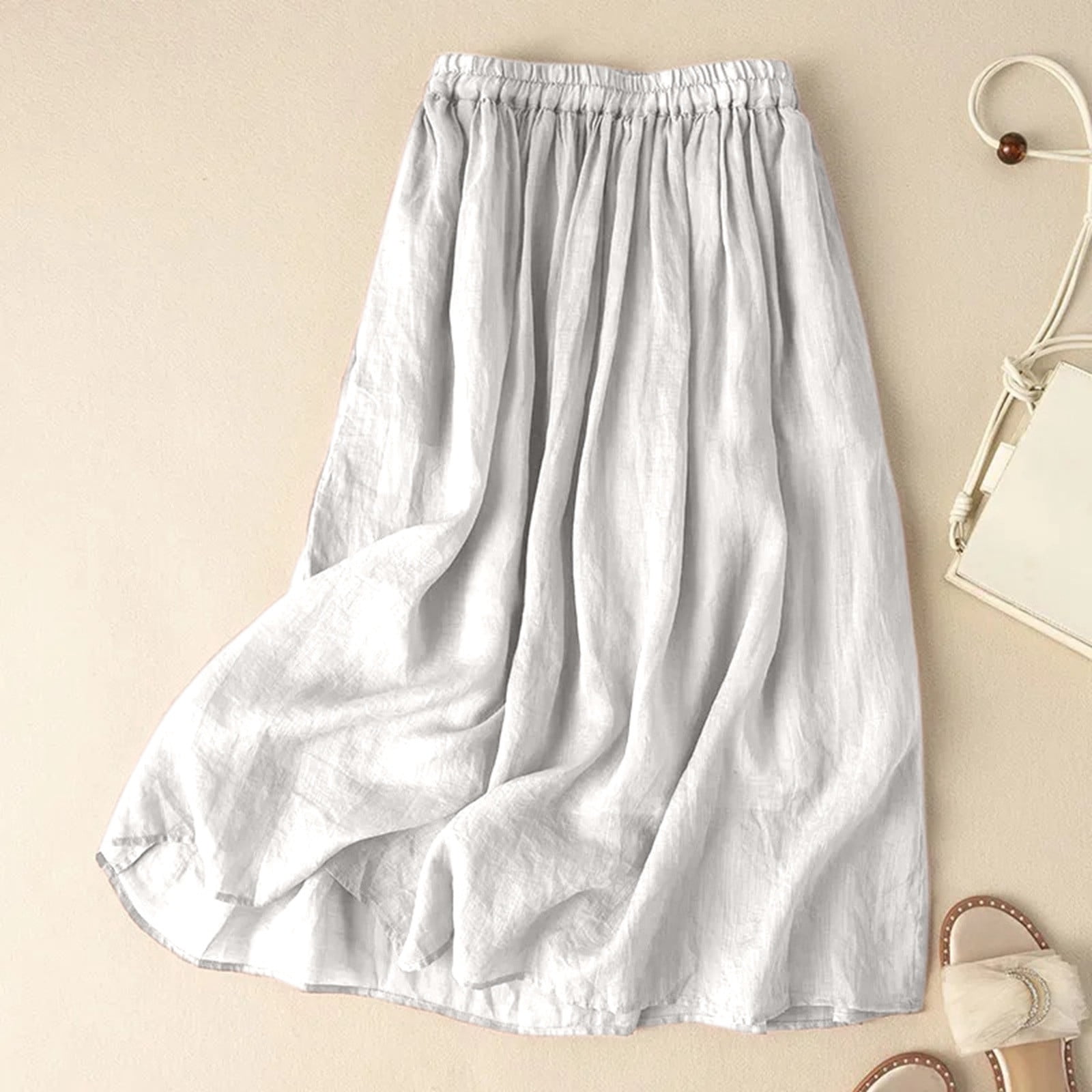 TIANZEN Women’s Summer Linen Solid Color Midi Skirt With Elastic Waist ...