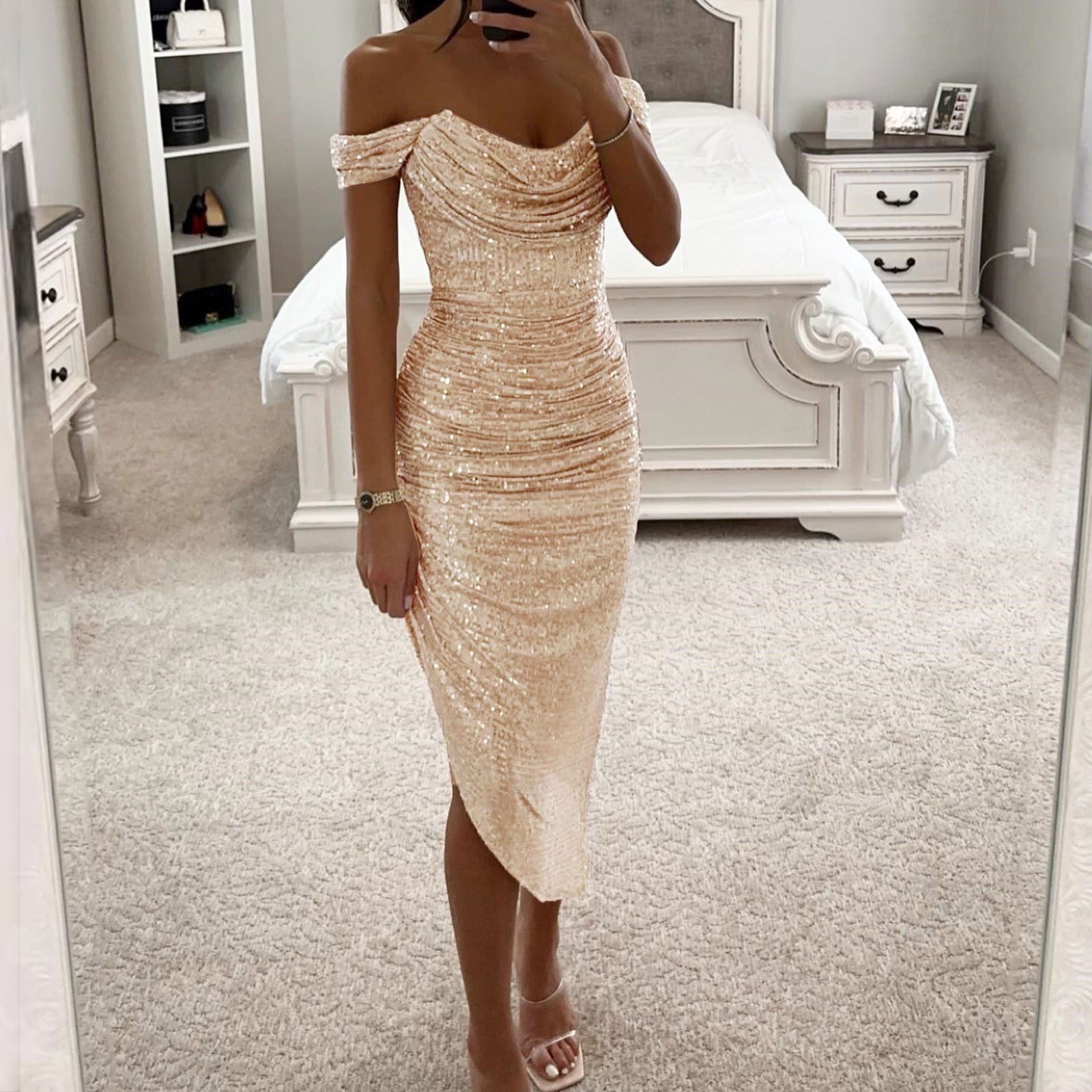 TIANZEN Womens Sparkly Sequin Prom Dresses For Women Off Shoulder Tight ...