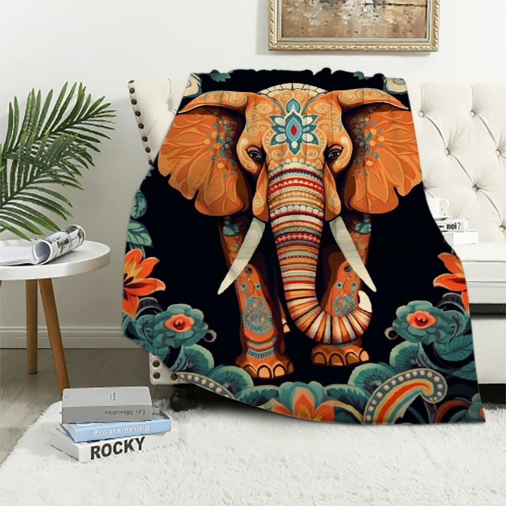 TIAOTIAOHOU Thin Indian Elephant with Large Tusks Print Boho Throw ...