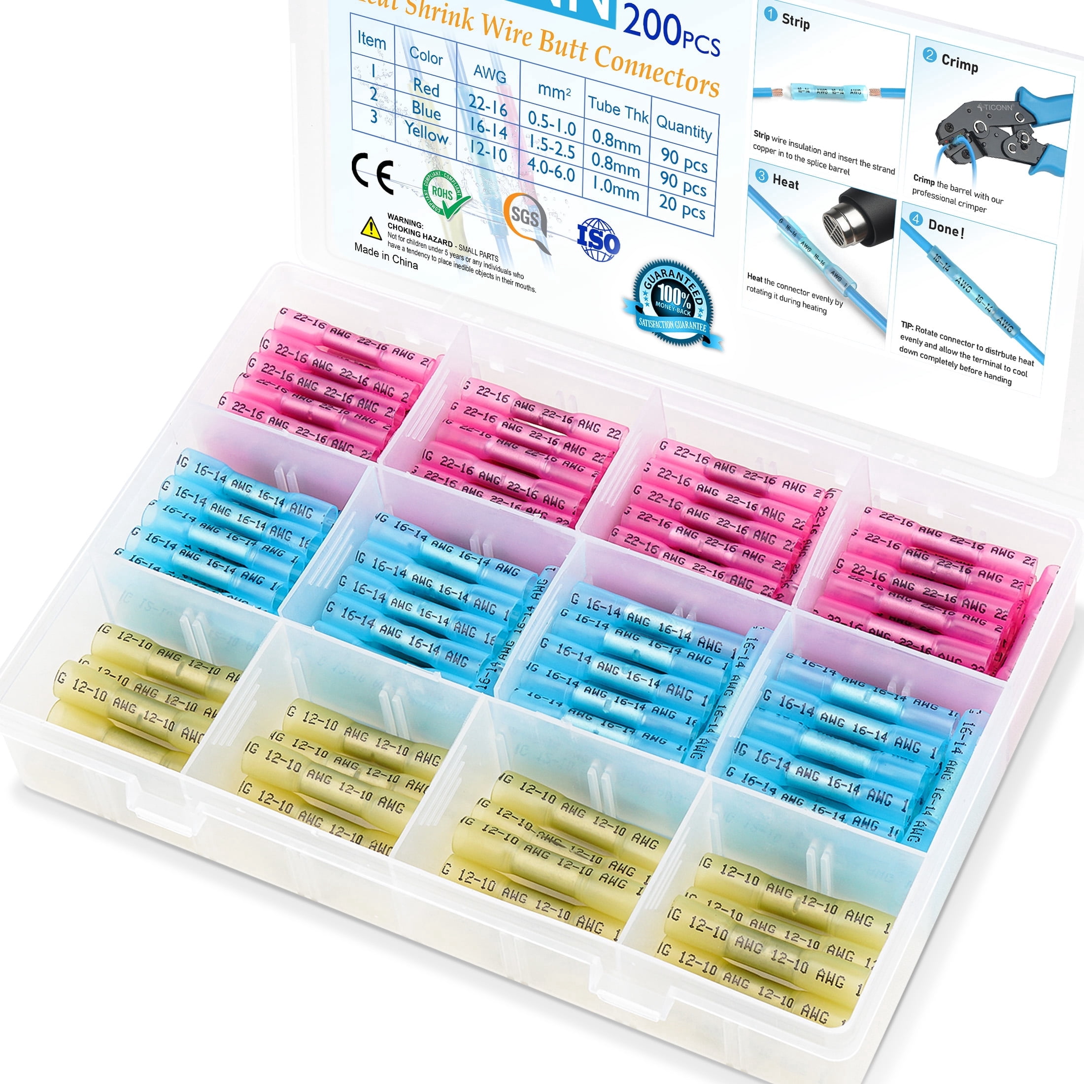 TICONN 200pc Heat Shrink Butt Wire Connectors, Waterproof Crimp ...