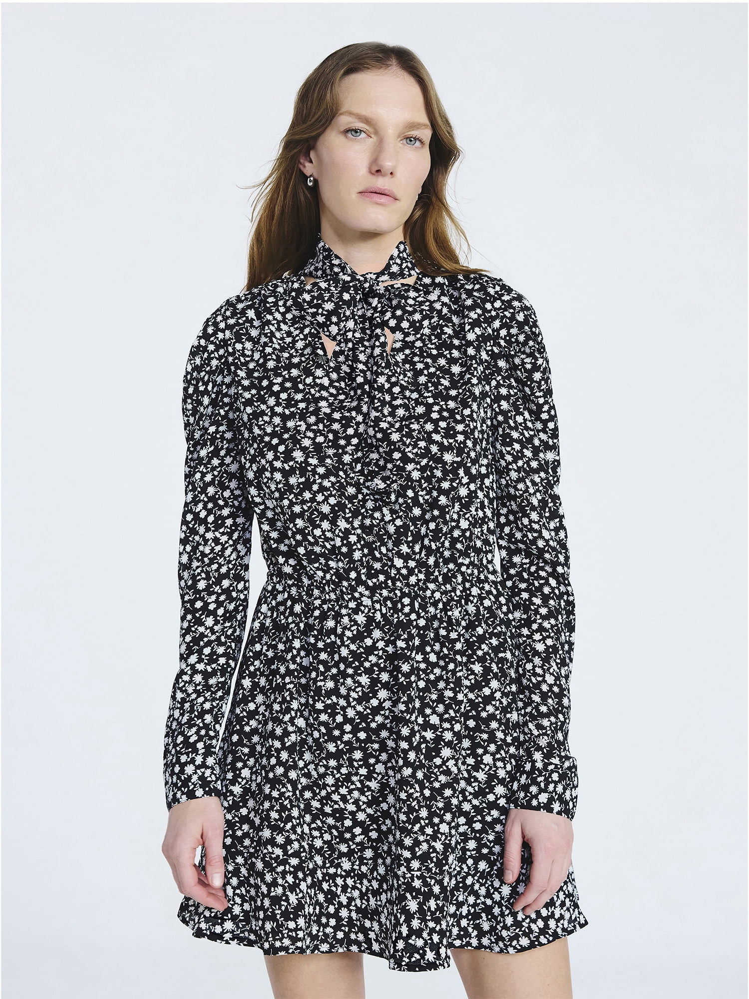 Scoop Women's and Women's Plus Tie Neck Mini Dress with Long Sleeves ...