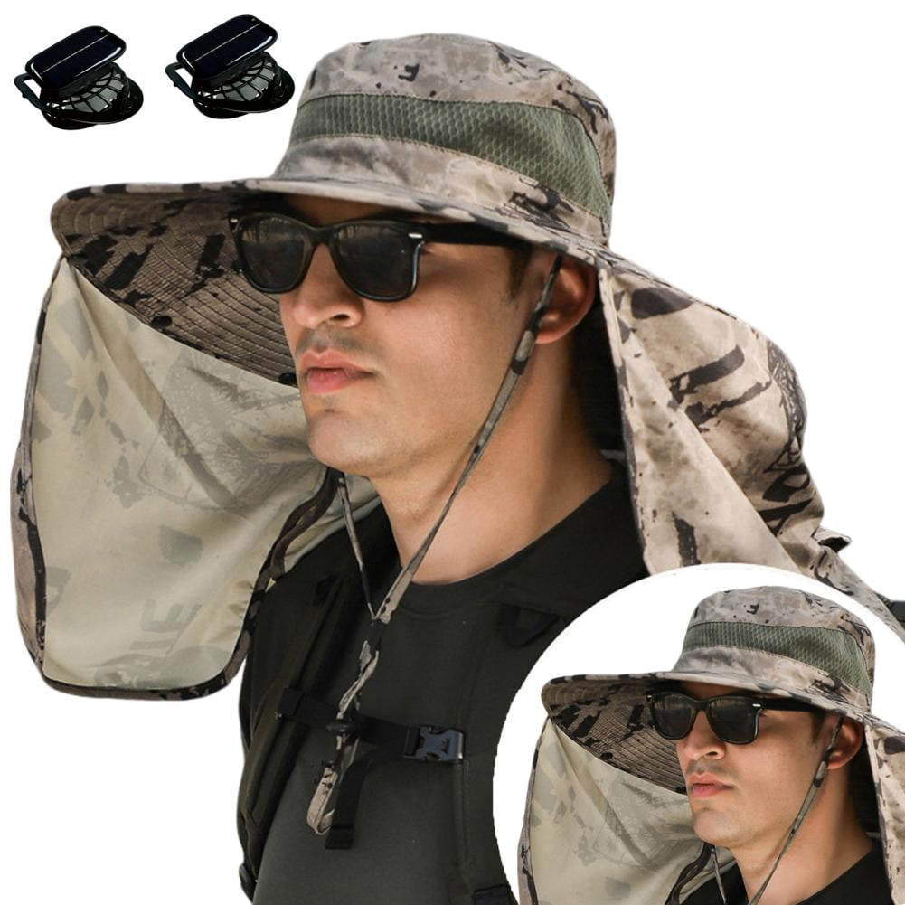 TIE Solar Fan Hat with Neck Flap USB Rechargeable UV Dual Cooling Fan ...