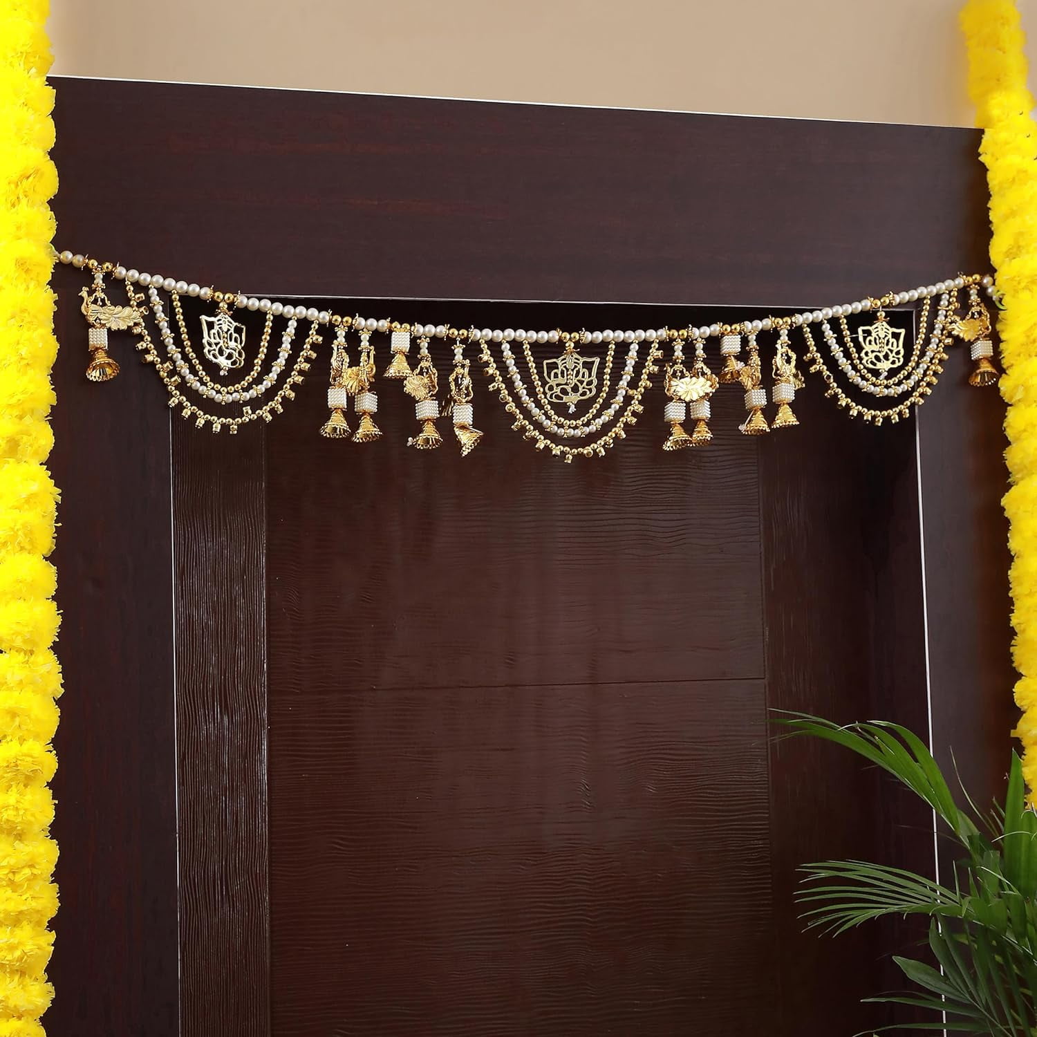 TIED RIBBONS 40 Inch Golden Peacock Ganesha with Bells Toran Toranam ...