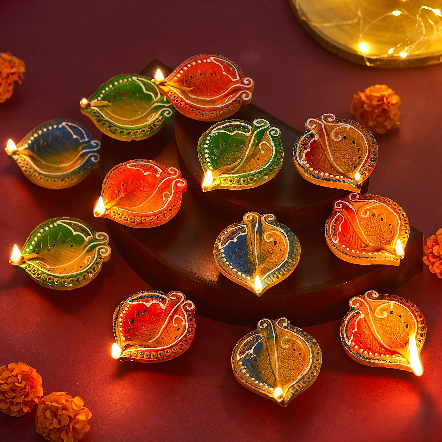 TIED RIBBONS Pack of 12 Large Handmade Clay Diyas Earthen Oil Lamp Diya ...