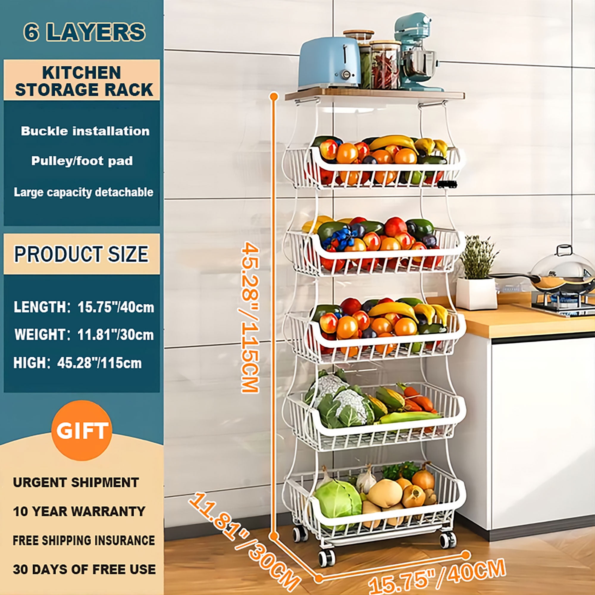 TIENLEY 6-Tier White Mobile Fruit Basket, Lockable Wheels, Wooden ...