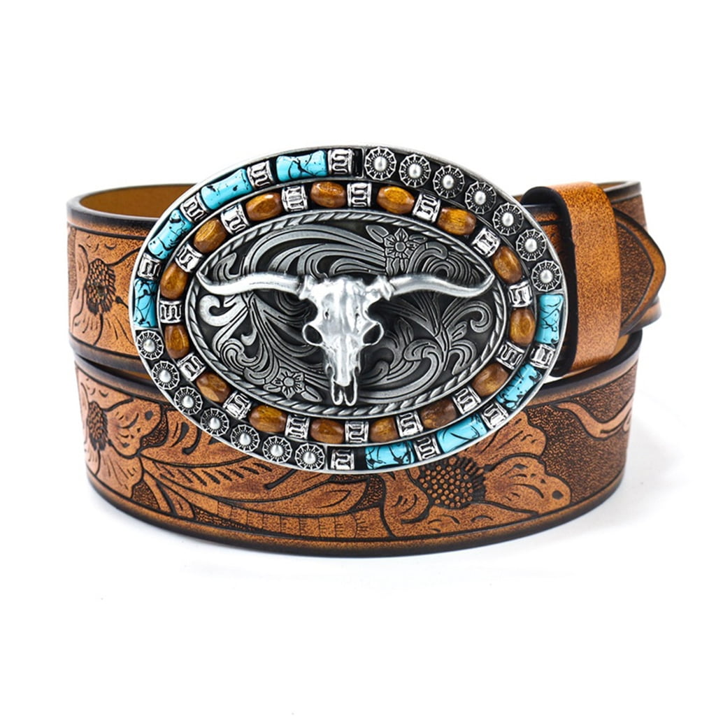 TIERPOP Longhorn Bull Belt Buckle Belt Cowboy Belt With Big Buckle ...