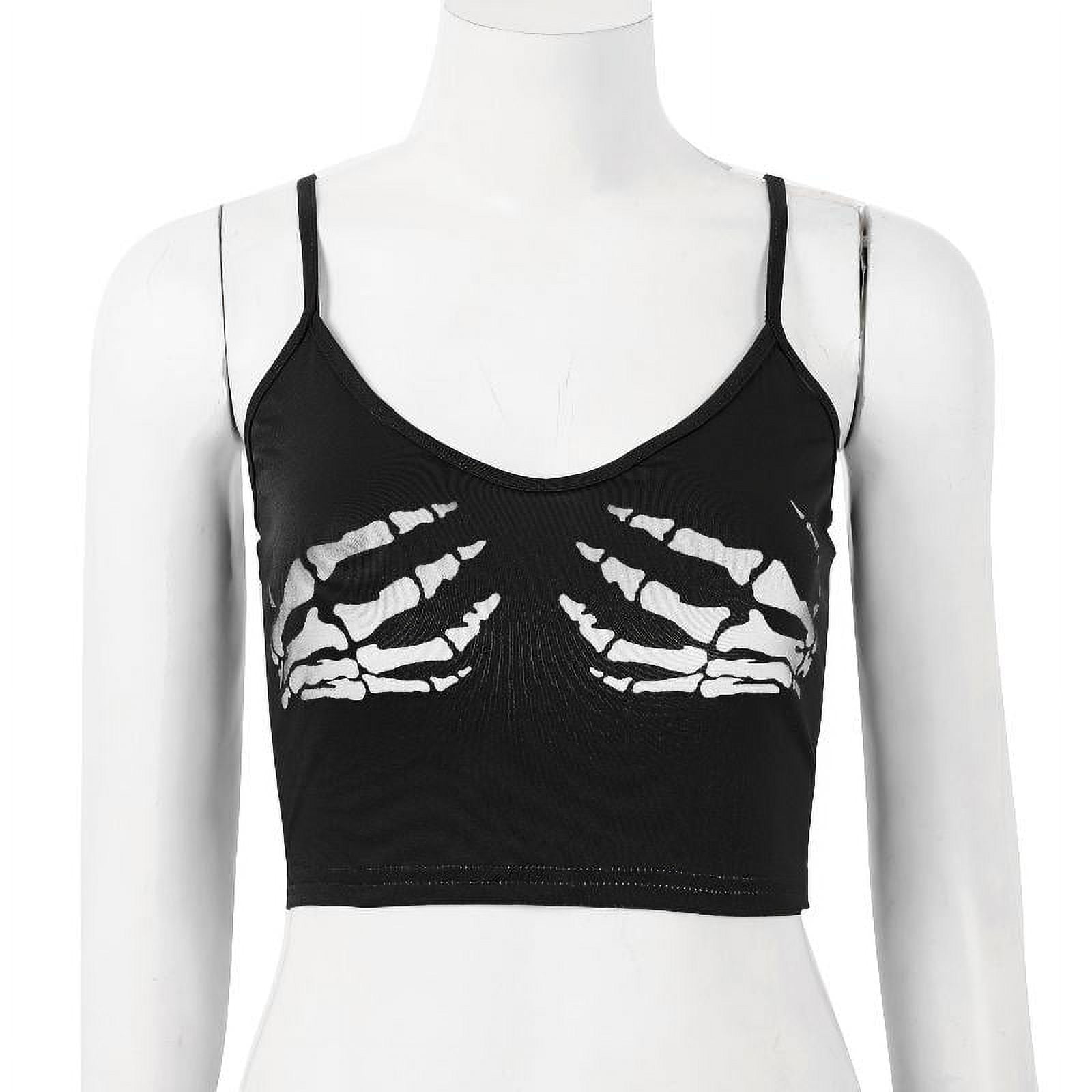 TIERPOP Women Spaghetti Strap Crop Top Gothic Skeleton Hand Print ...