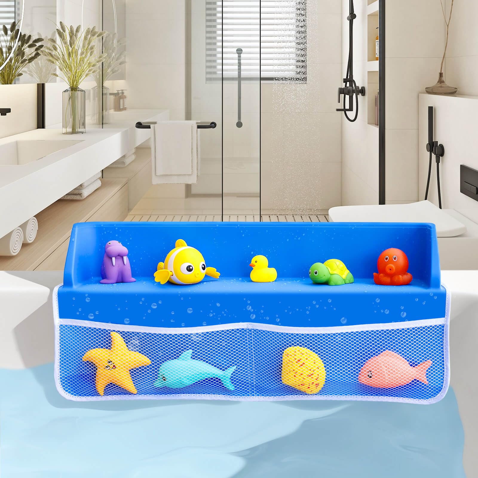 TIFFYONEK Bathtub Splash Guard, Toy Tray Caddy Holder Storage for Kids ...