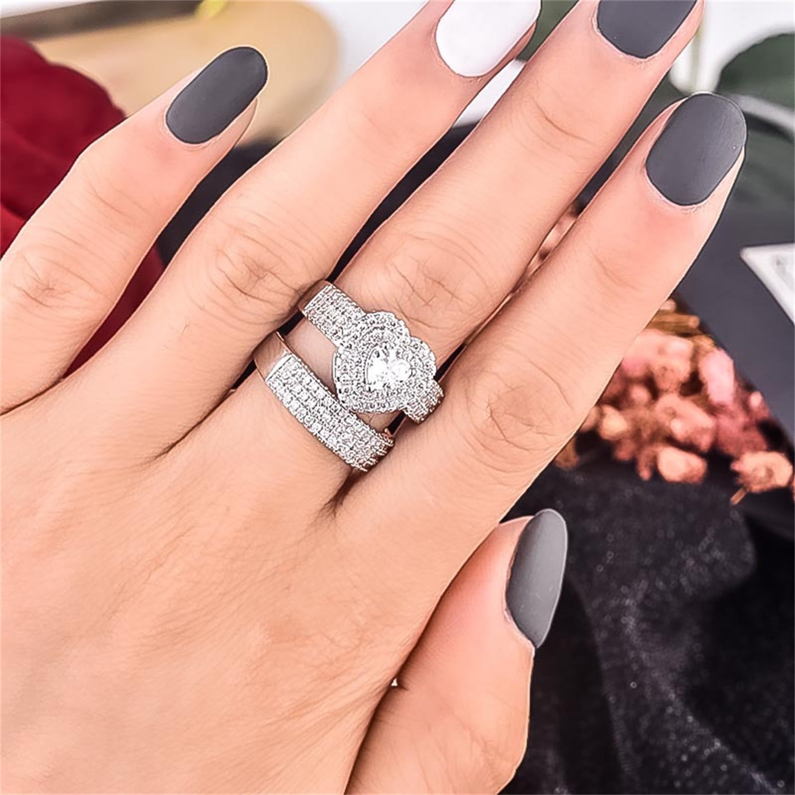TIHLMK 2 Pcs Ring Set Engagement Wedding Ring Heart Shape Full Diamond ...