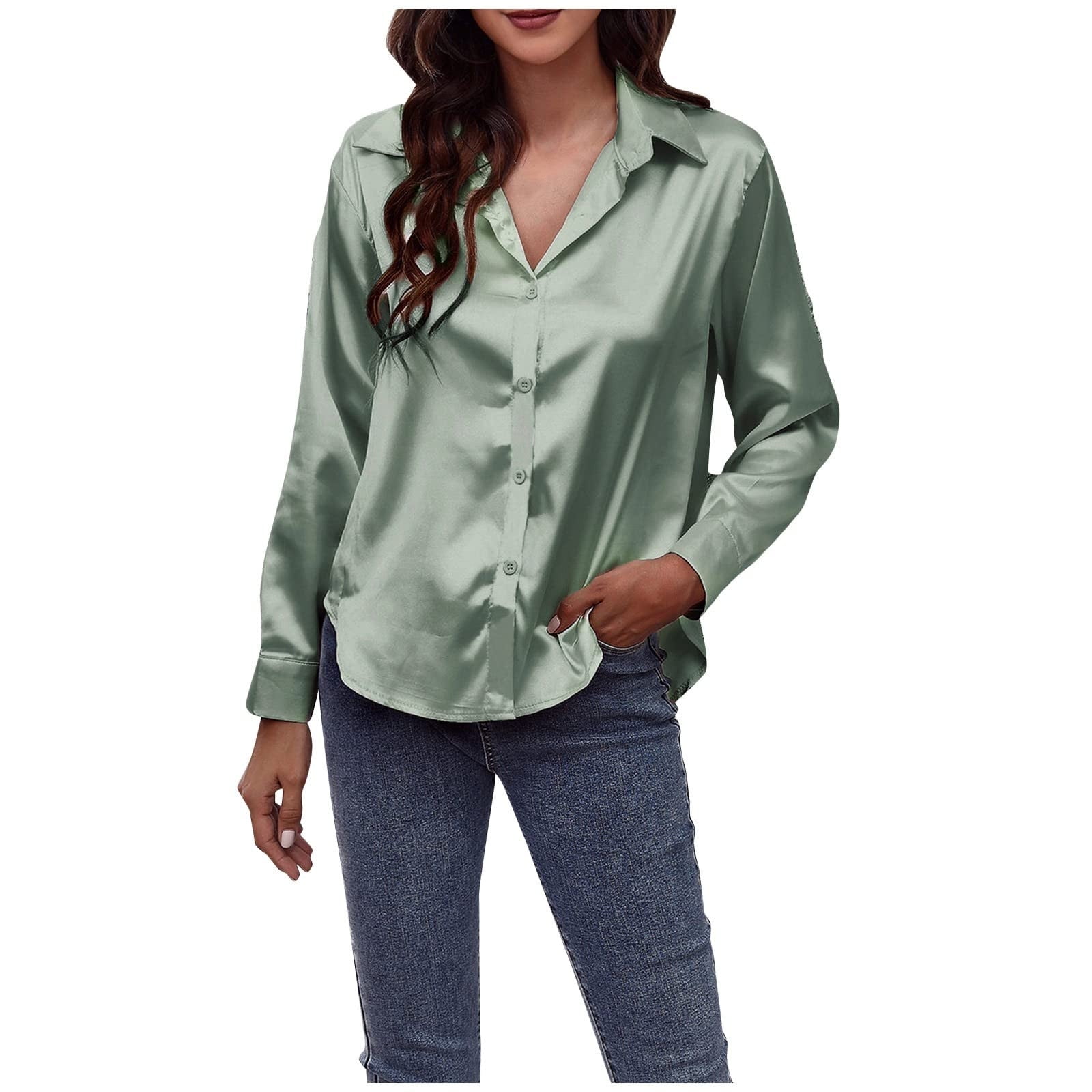 TIHLMK Blouses Shirts Women Satin Long Sleeve Button Down Shirt Casual ...