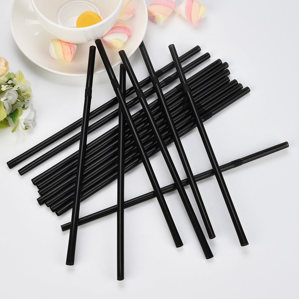 TIHLMK 100Pcs Black Straws Disposable Plastic Flexible Drinking Straws ...