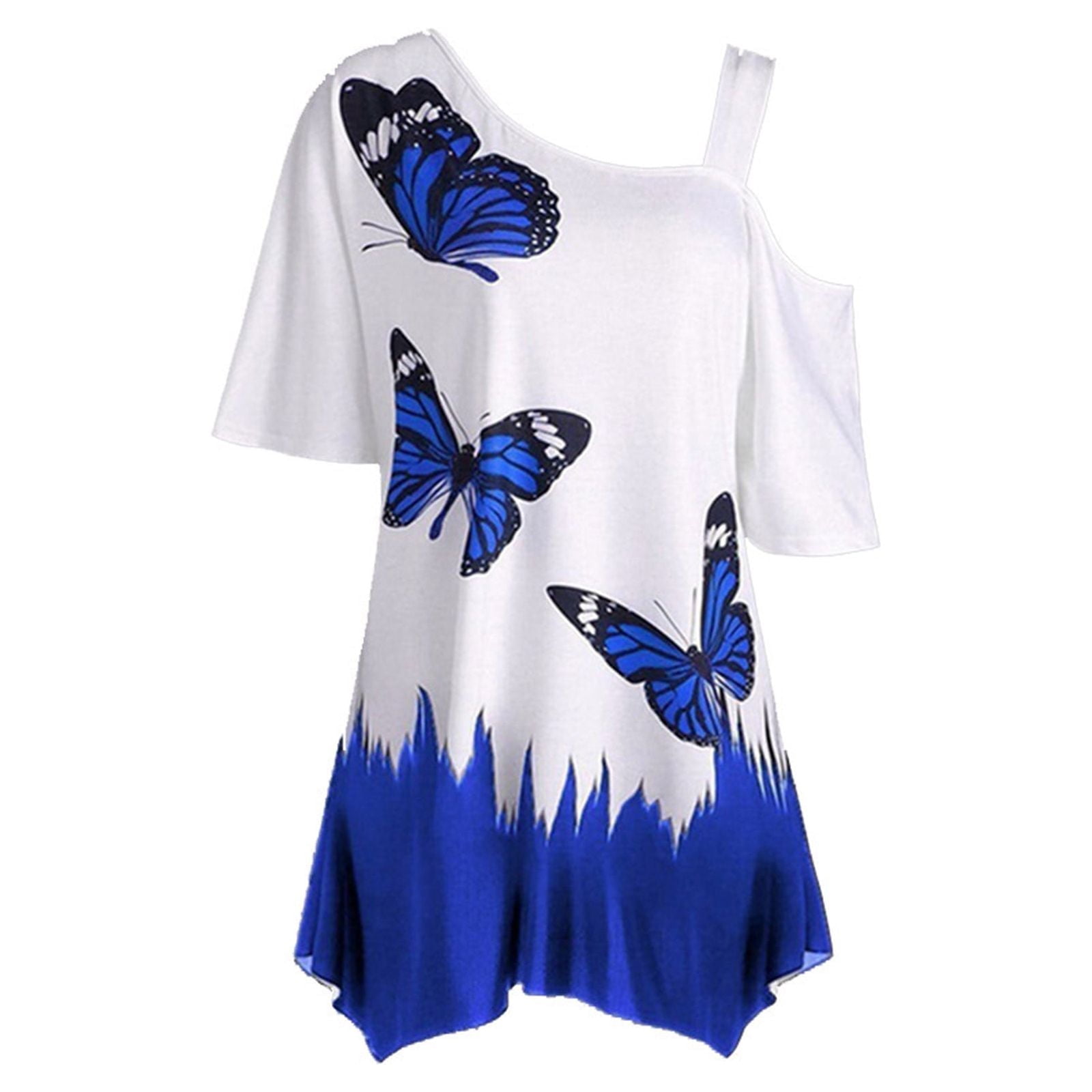 TIHLMK Women Cold Shoulder Butterfly Print Short Sleeve Plus-Size Shirt ...