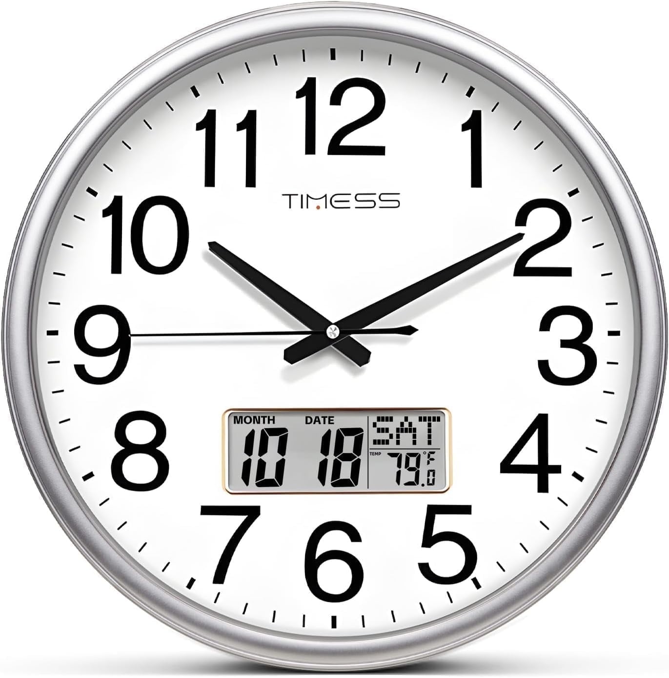 TIMESS 13" Digital Wall Clock with Silver Frame, Date, Weekday ...